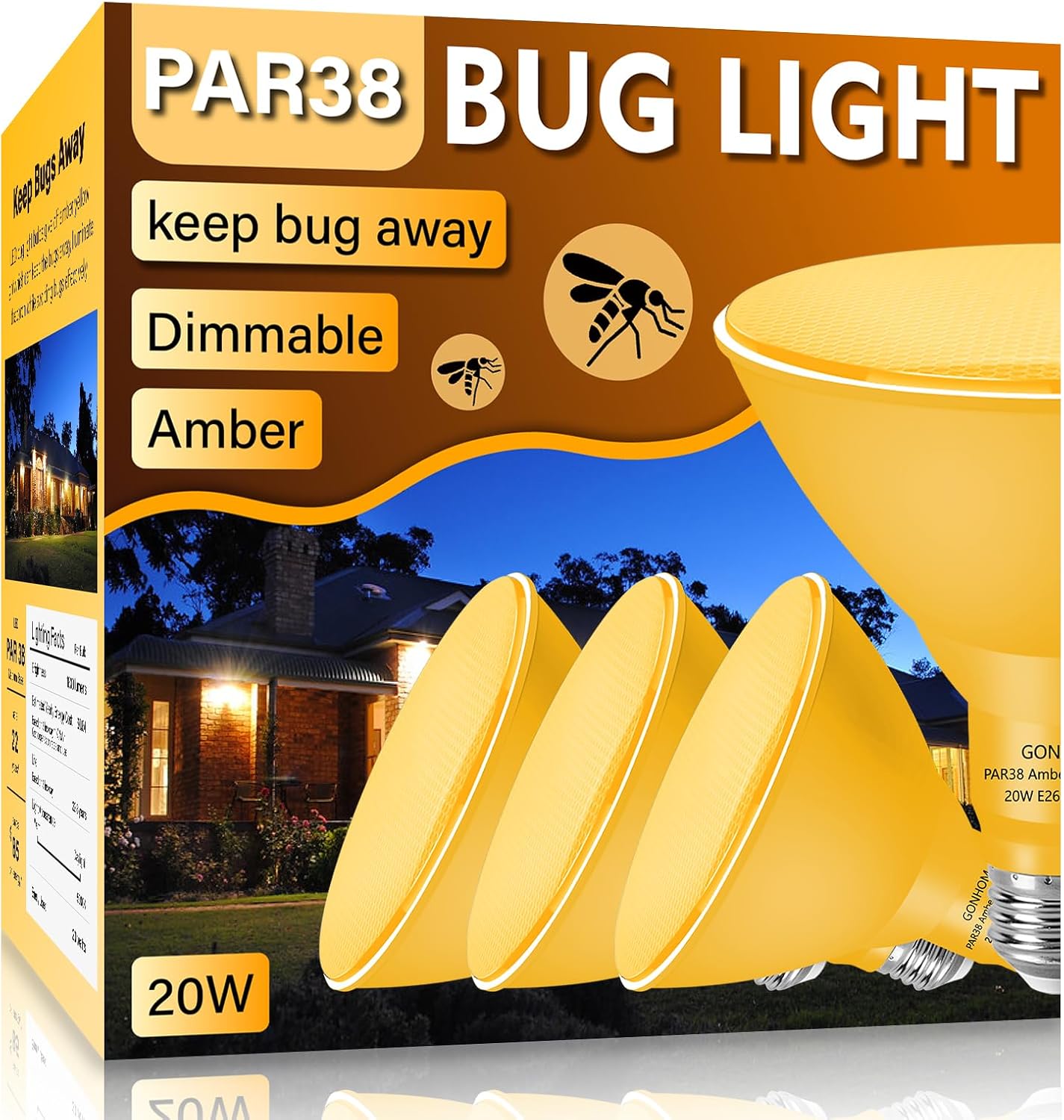 Gonhom PAR38 Bug Flood Light Bulbs Outdoor,4 Pack-Dimmable,Bug Lights ...