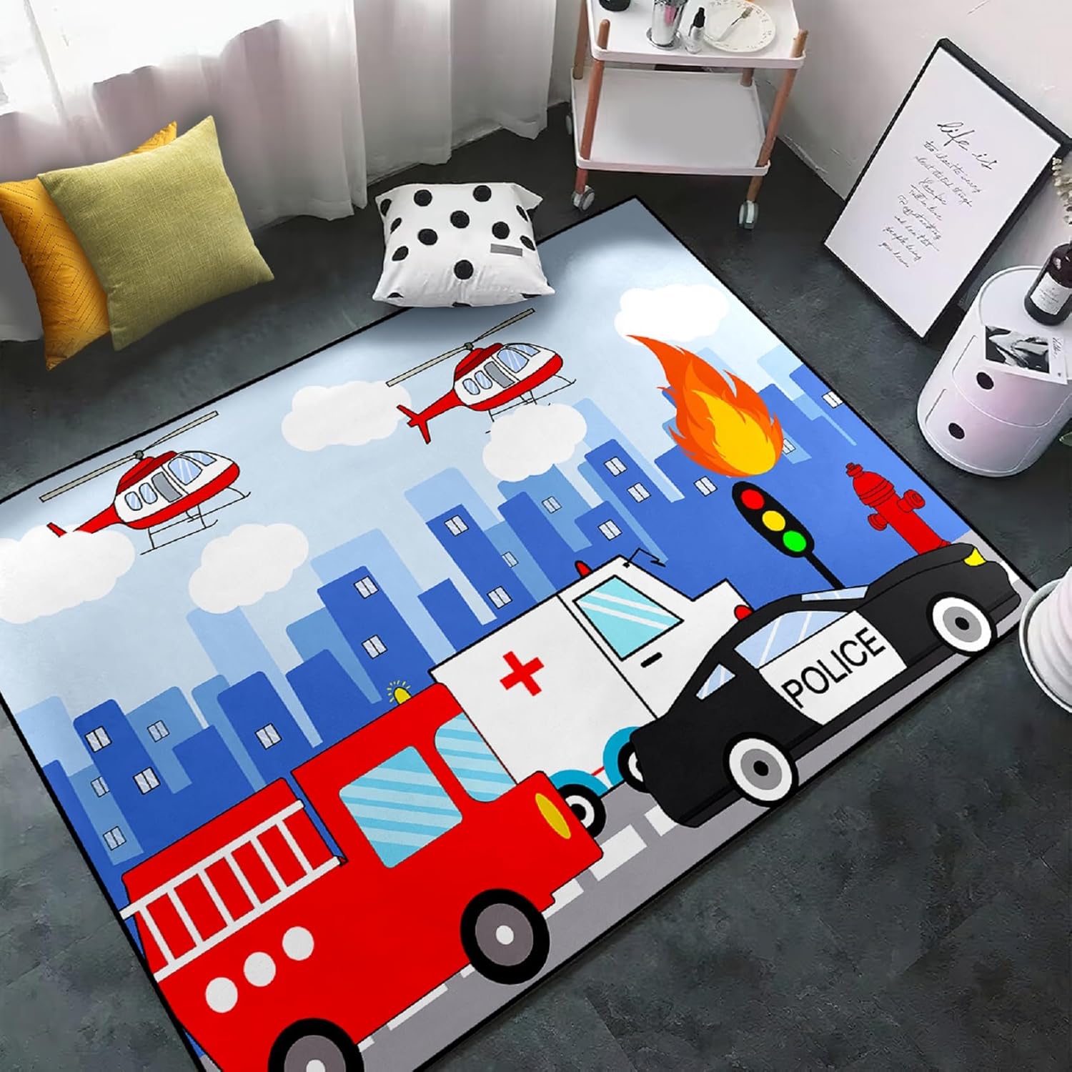 Amazon.com: Car Rugs for Boys Room - Cartoon Rug with Ambulance Car and ...