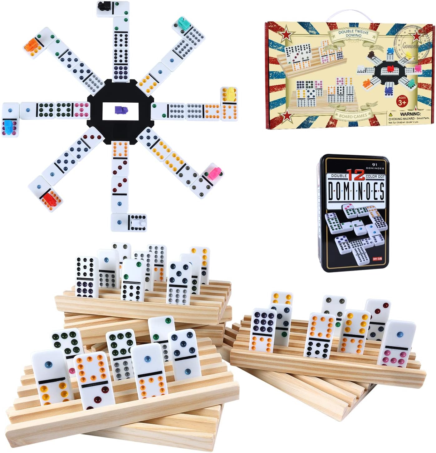 Amazon.com: Gonoelec Mexican Train Dominoes Set with 8pcs Wooden Trays ...