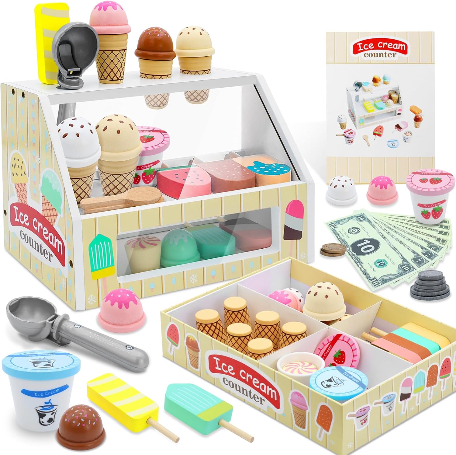 46Pcs Ice Cream Counter Playset for Kids, Wooden Ice Cream Shop Pretend ...