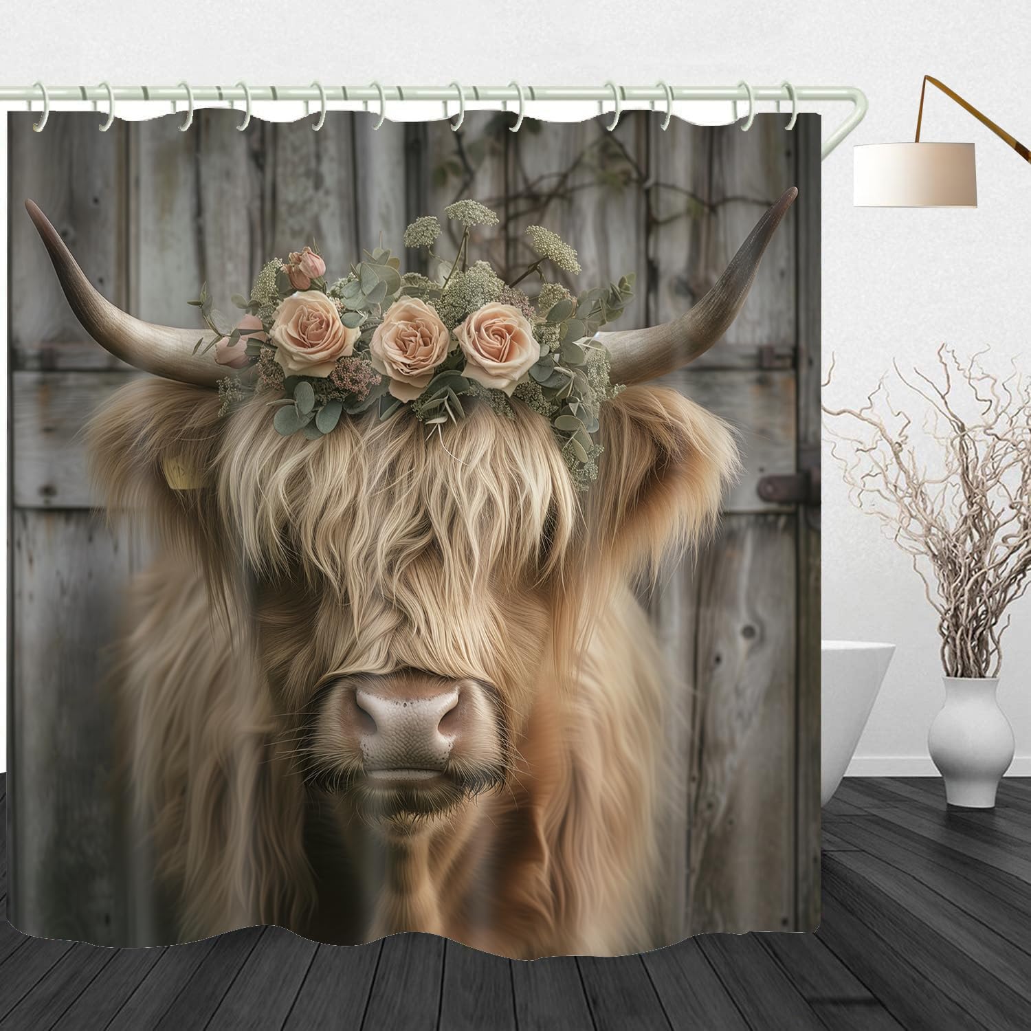 Amazon.com: VANZEV Highland Cow Flower Shower Curtain Farmhouse Wooden ...