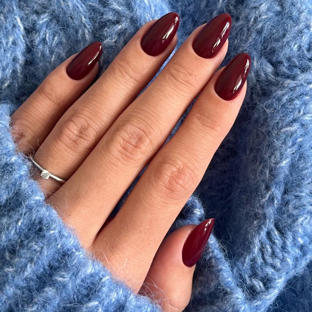 Amazon.com: Wine Red Press on Nails Short Almond Oval Glossy Fake Nails ...