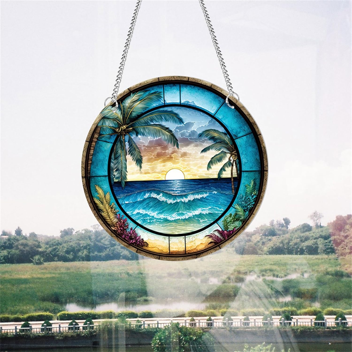 Amazon.com: Blue Ocean Sunset Acrylic Window Hanging Decor, Sea Stained ...