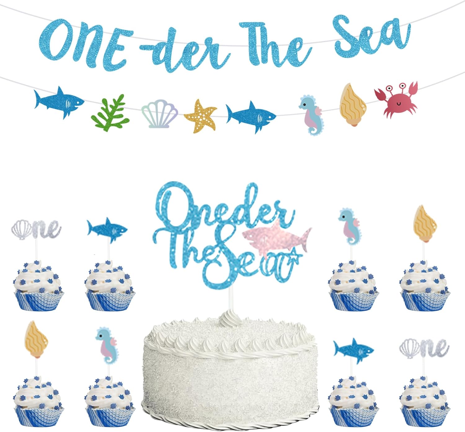 Amazon.com: Oneder The Sea Banner Glitter with Cake Topper Set - Under ...