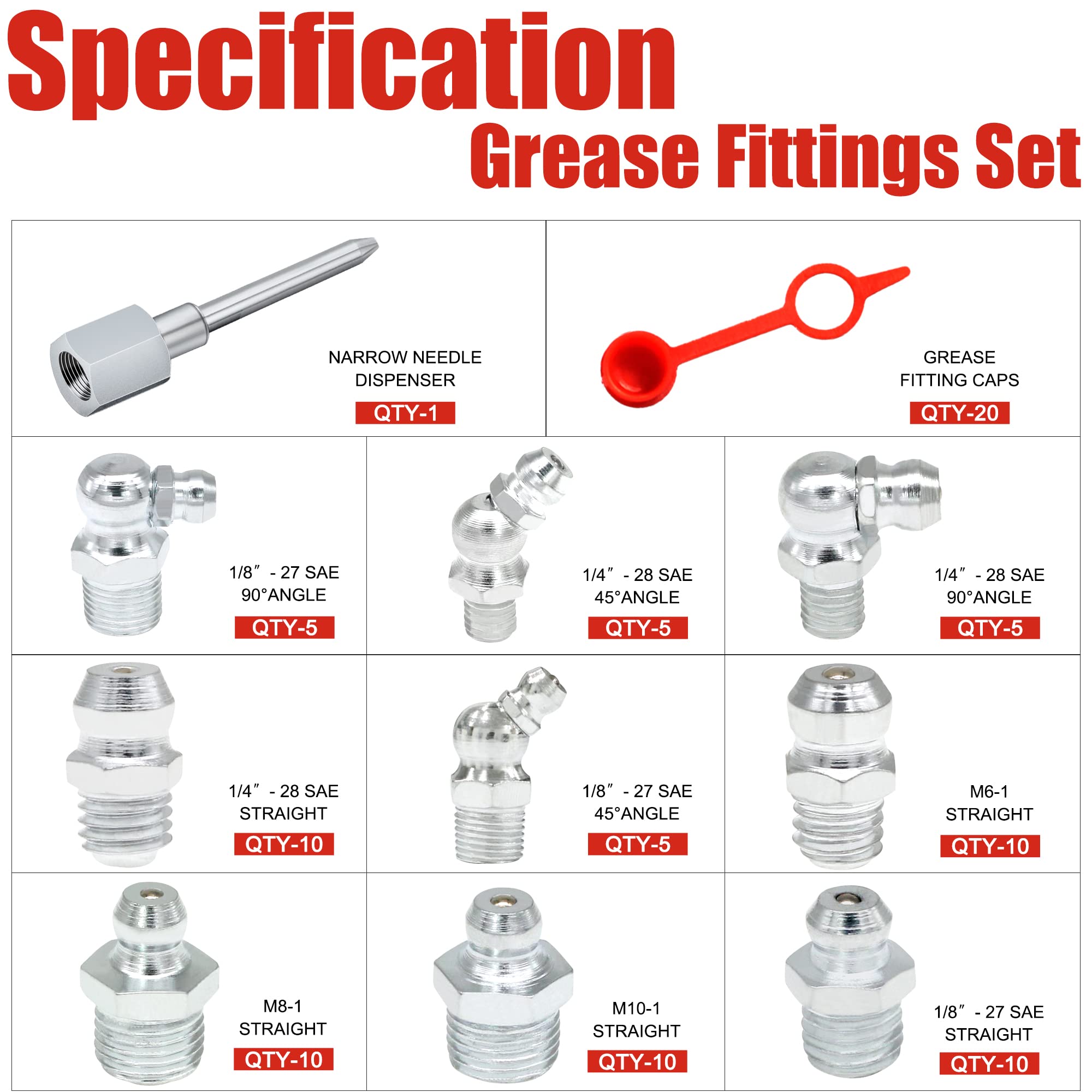Types Of JROUTH Grease Fittings Kit, 140pcs Metric Grease Zerk Fittings ...