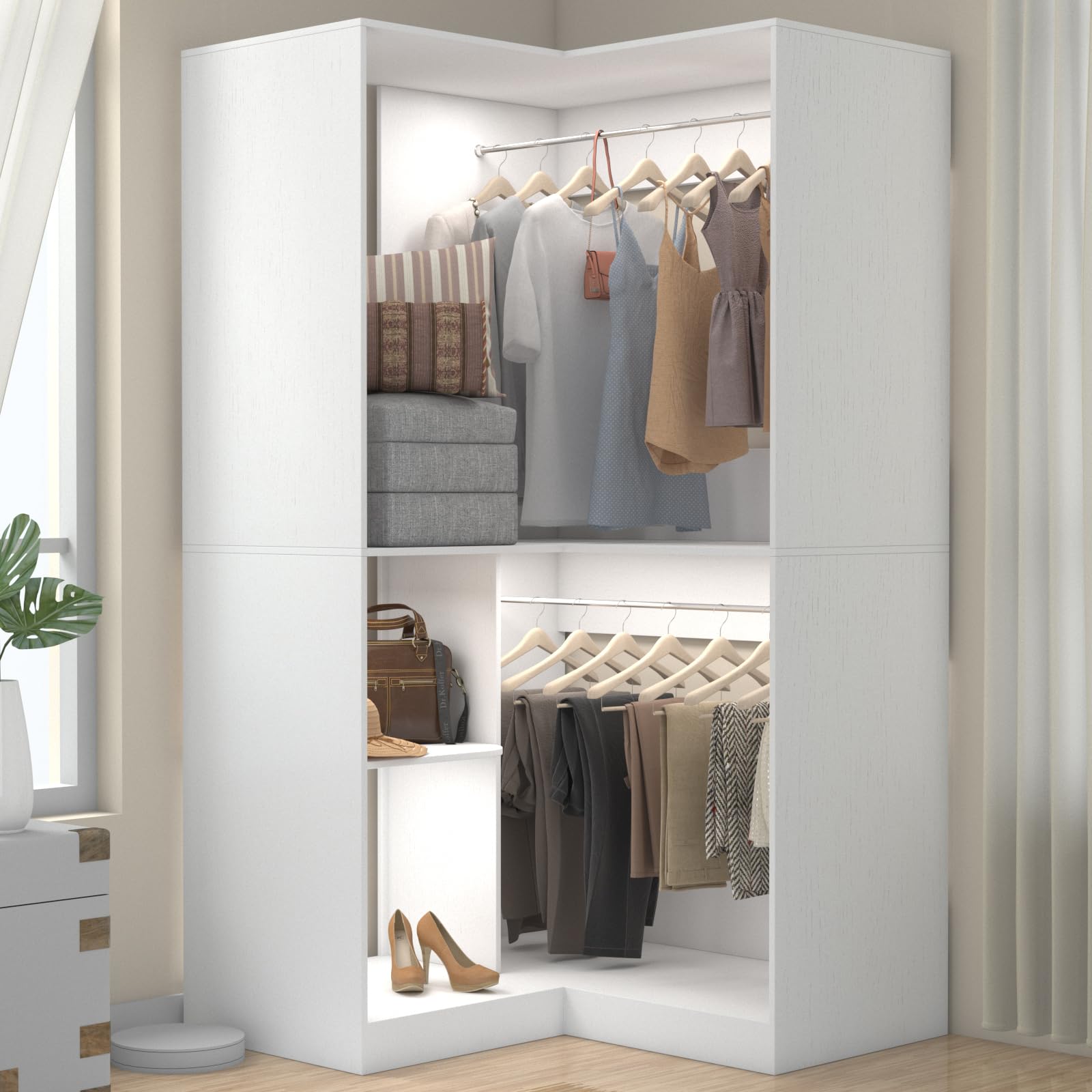 Amazon.com: Freestanding Corner Closet System – Open 3-Tier Wood Closet ...
