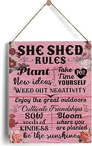 Amazon.com : Garden Sign Gifts, Rustic She Shed Rules Plant New Ideas ...