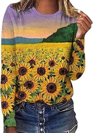 Long Sleeve Shirts for Women Crew-Neck Delicate Print Casual Tops at ...