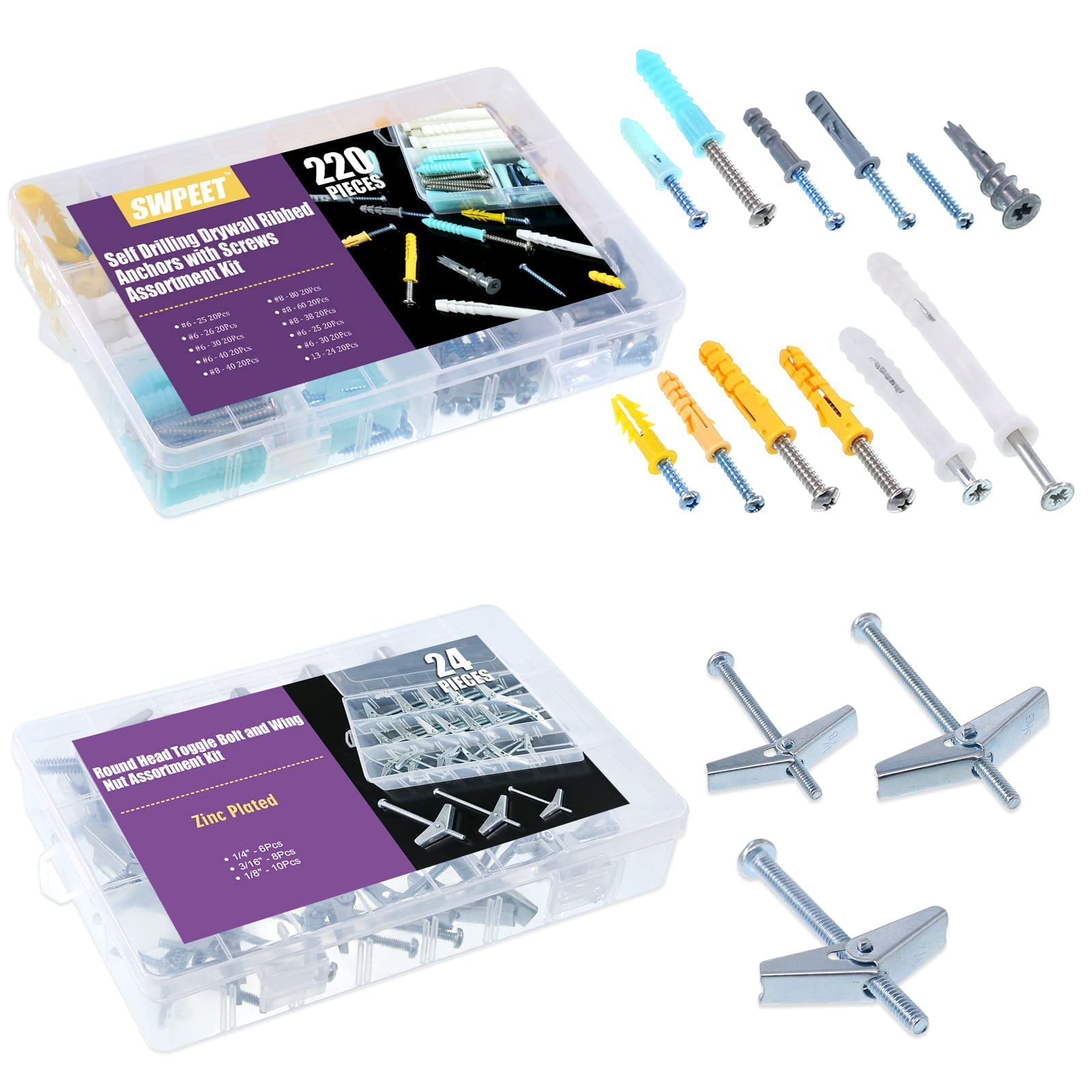 Swpeet Toggle Bolt Wing Nut Kit with Hollow Drywall Achors Kit: Amazon ...