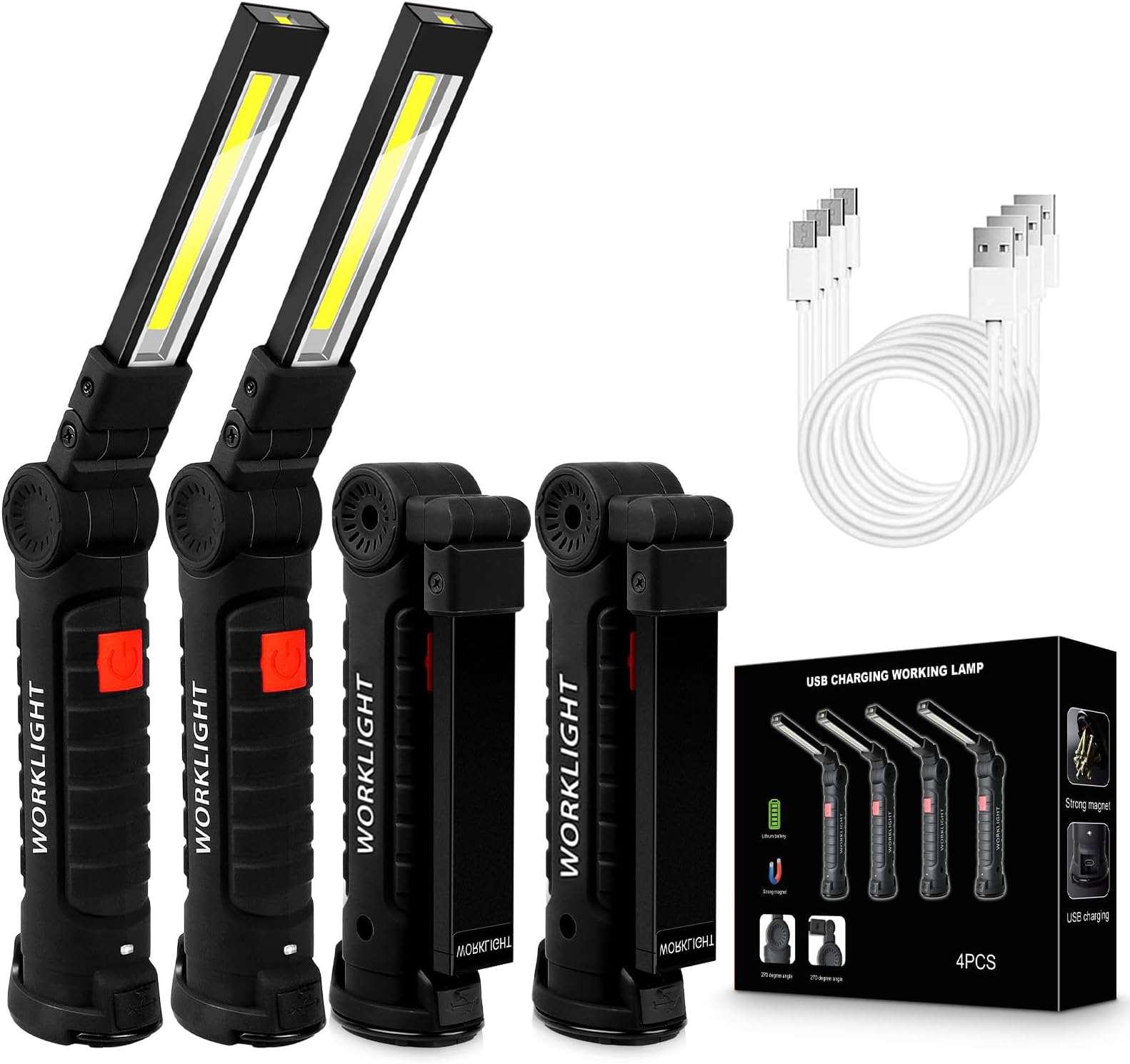 4Pack LED Work Lights, USB Rechargeable COB Light with Magnetic Base ...