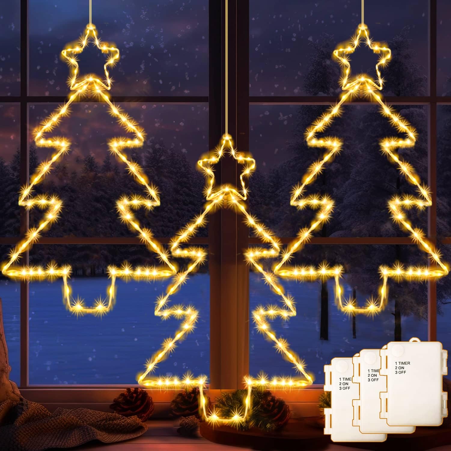 yowin Christmas Window Lights 3 Pack 45 LED Hanging Christmas ...