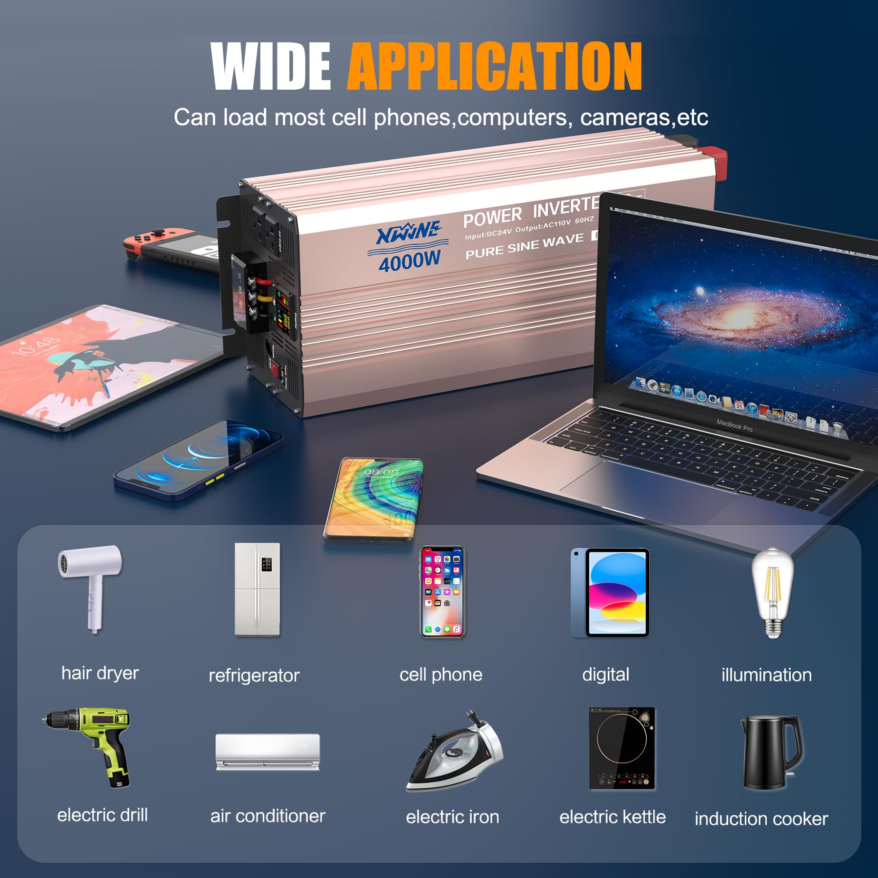 XWJNE Power Inverter 4000 Watt Pure Sine Wave 24V DC to 110V/120V AC ...