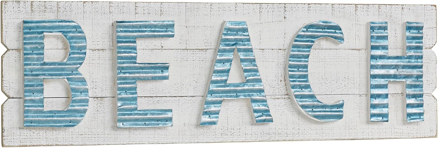 Amazon.com: Coastal Beach Word Wall Art Wood and Metal Plaque Whitewash ...