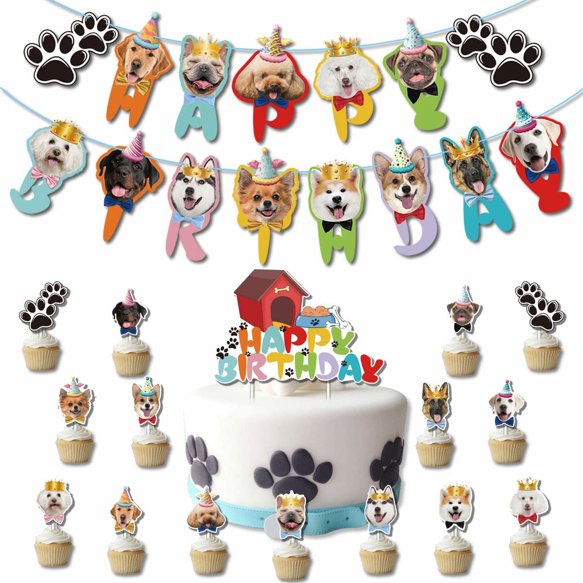 Pet Dog Theme Cake Topper Birthday Set Happy Birthday Banner Cupcake ...