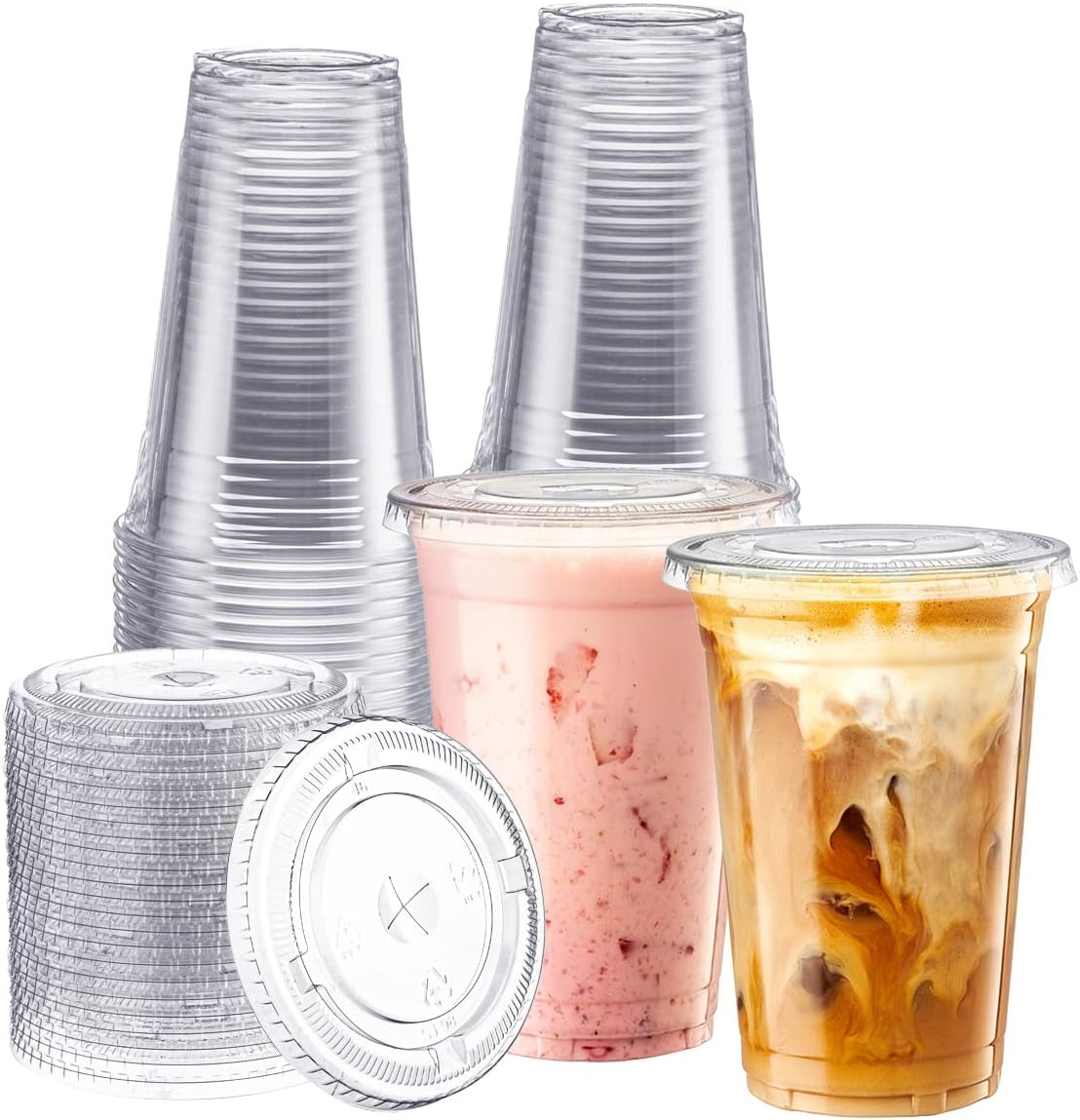 Zeml [100 Sets 20 oz. Plastic Cups With Lids, Smoothie Cups, Milkshake ...