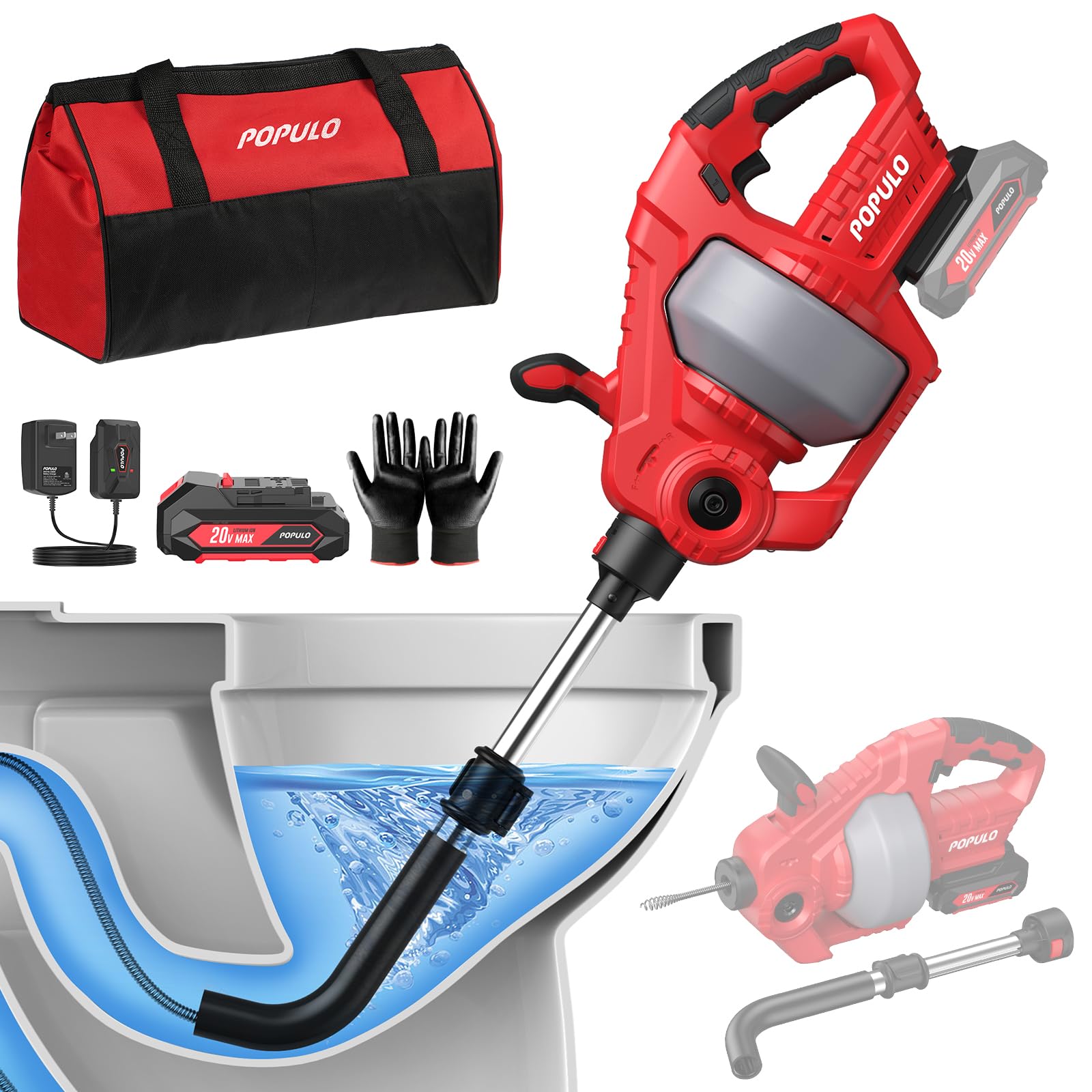 Snapklik.com : POPULO 20V Cordless Toilet Snake Drain Clog Remover,25Ft ...