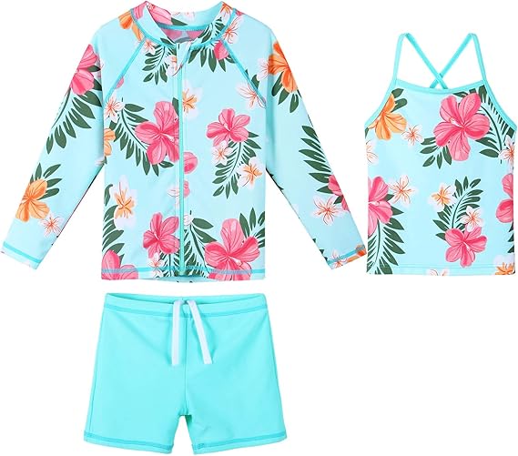 Amazon.com: Girls Long Sleeve Swimsuits Rashguard 3 Pcs Sun Protective ...