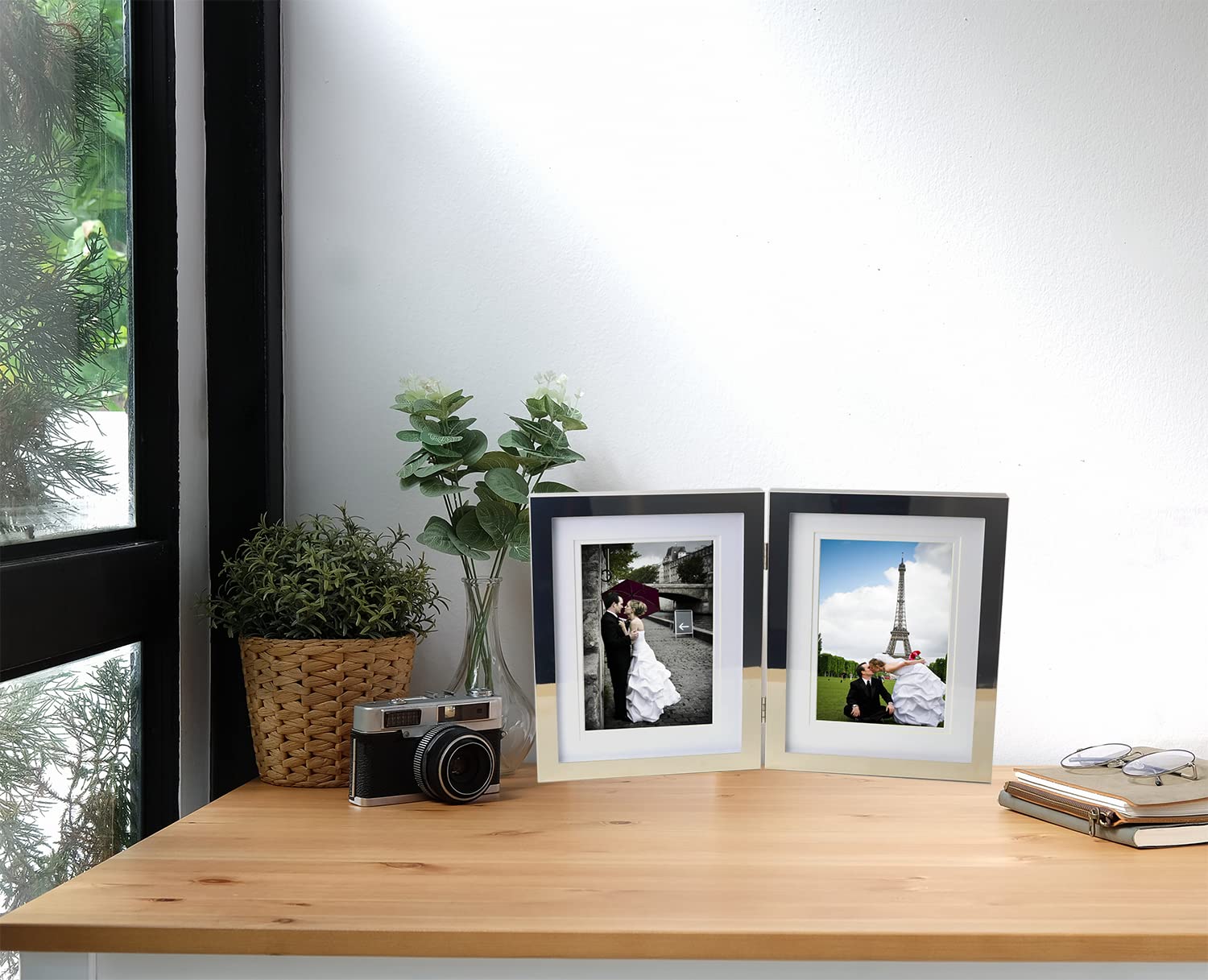 YiPinYin Premium Metal Hinged Double Frames 5x7 or 4x6, Silver Plated ...
