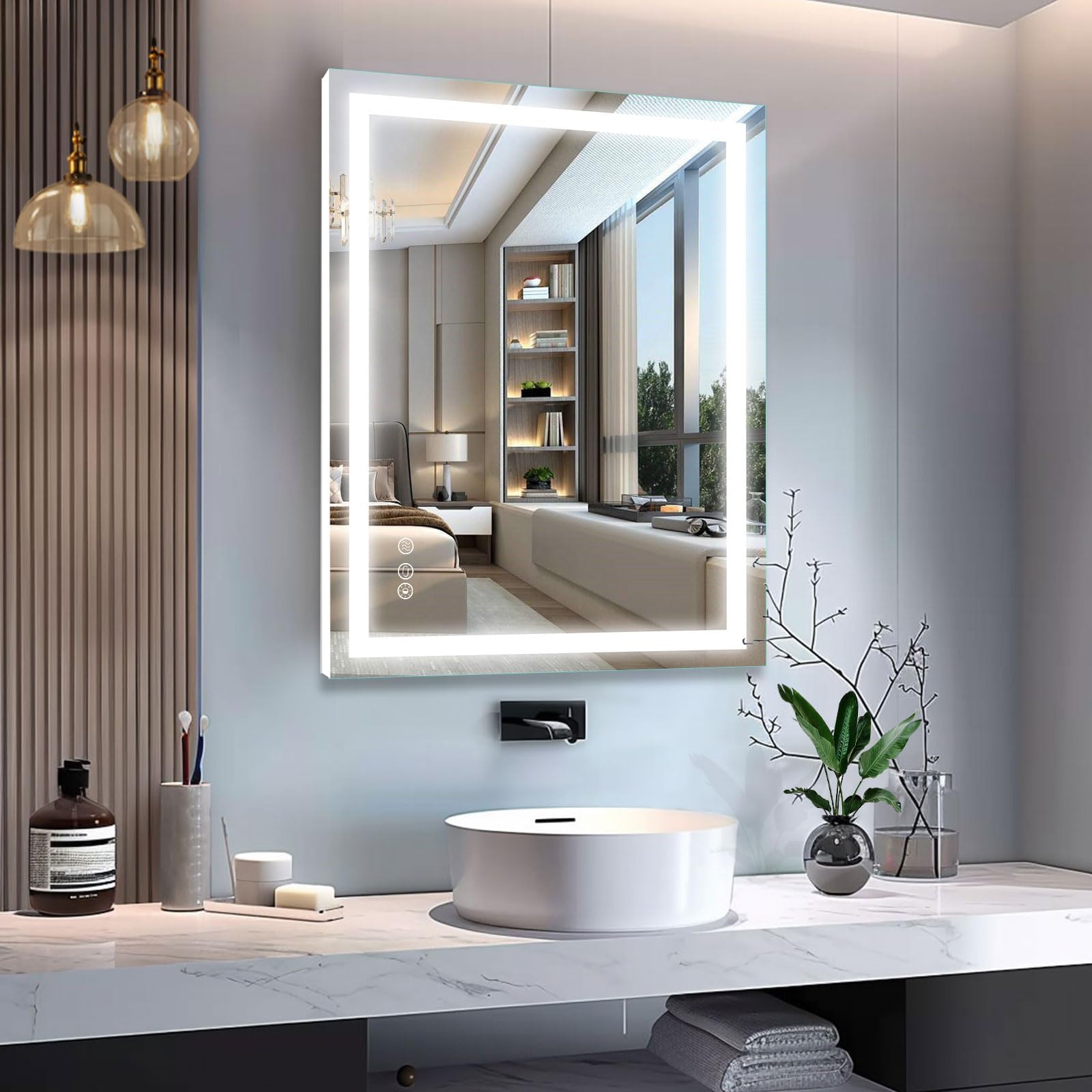 Espejos de Pared con Luz Led, 70 * 50CM Espejo de Baño Rectangular, con ...