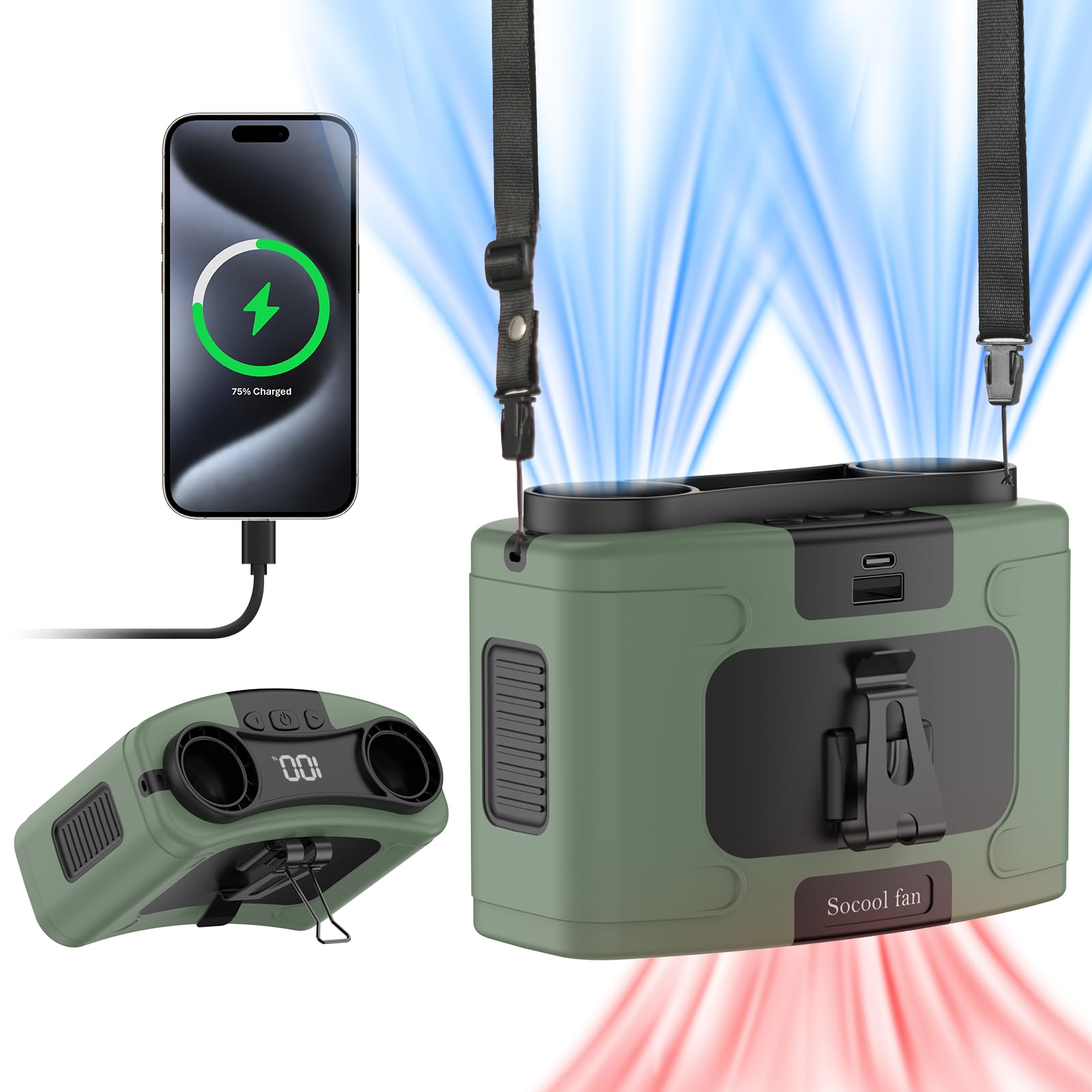 Amazon.com: Socool 10000mAh Portable Waist Fan Clip on Wearable Belt ...