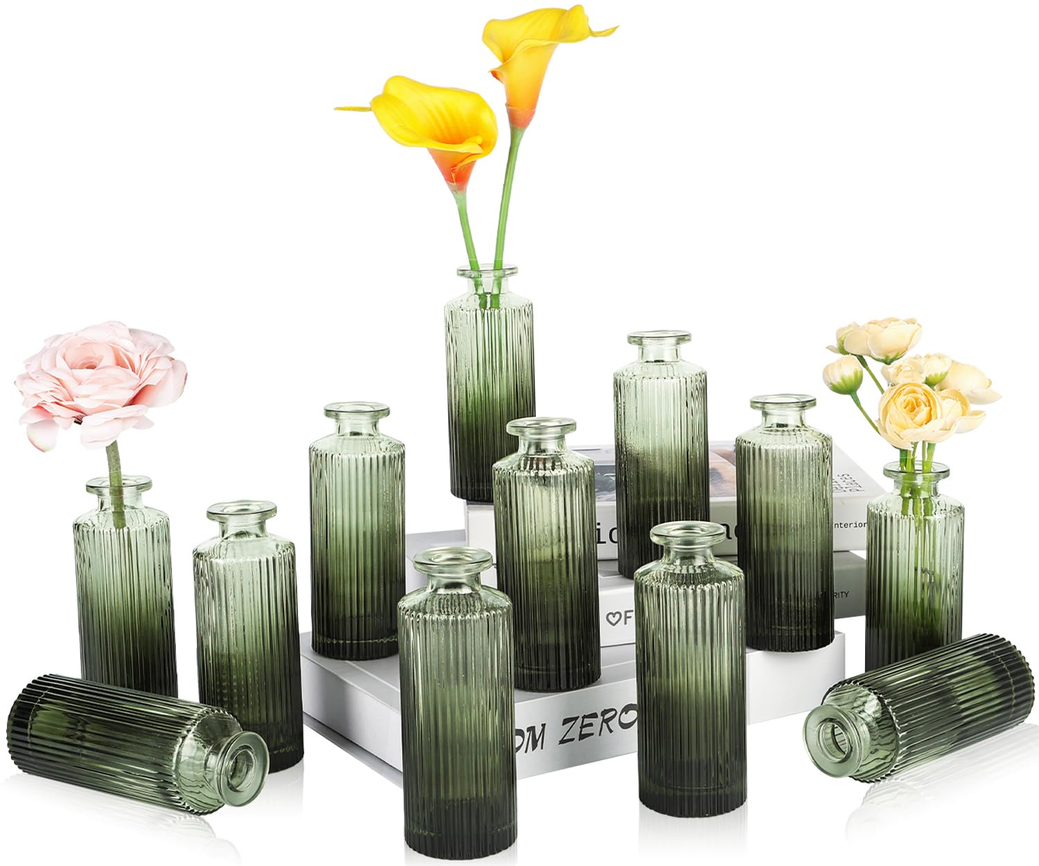 Amazon.com: Green Glass Bud Vases Set of 12, Mini Ribbed Flower Vases ...