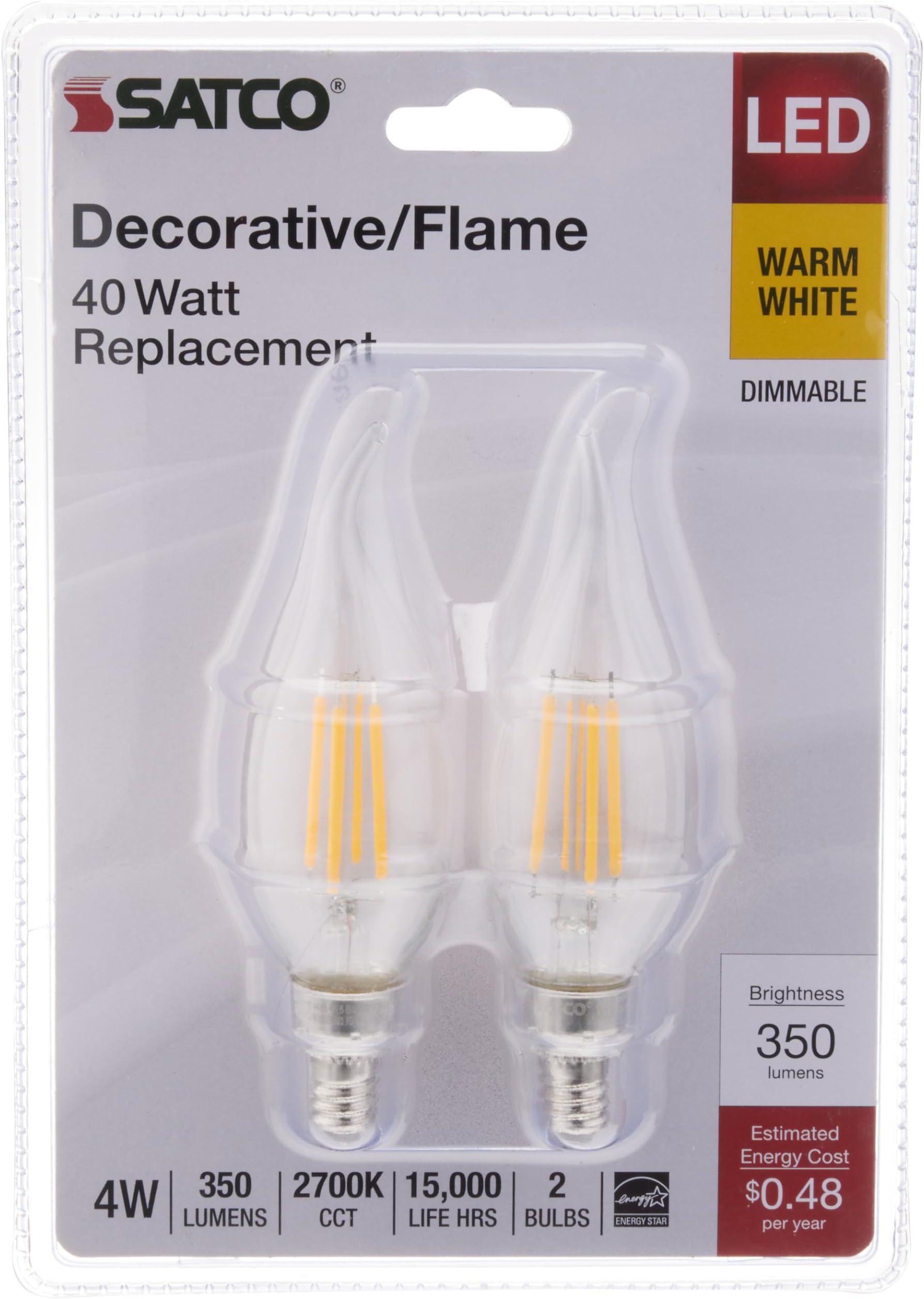 Satco S21820 4 Watt B11 LED Bulb, Clear, Candelabra Base, 3000K, 350 ...