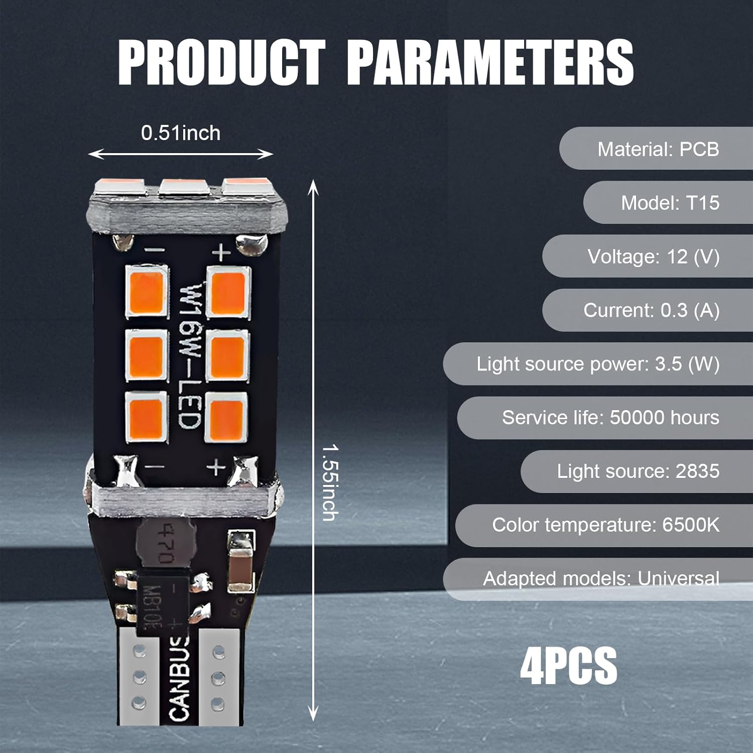 Pack-4 Car T15 LED Reversing Light, 2835-15SMD Bright Turn Signal Brake ...