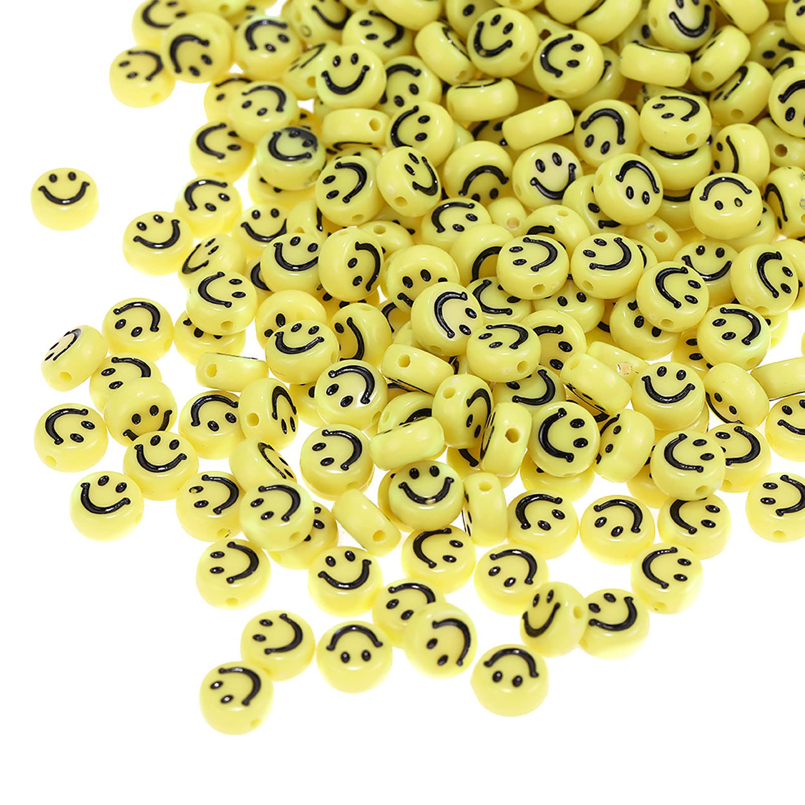 200pcs Yellow Acrylic Smiley Face Beads 7mm Pony Disc Coin Black Enamel ...