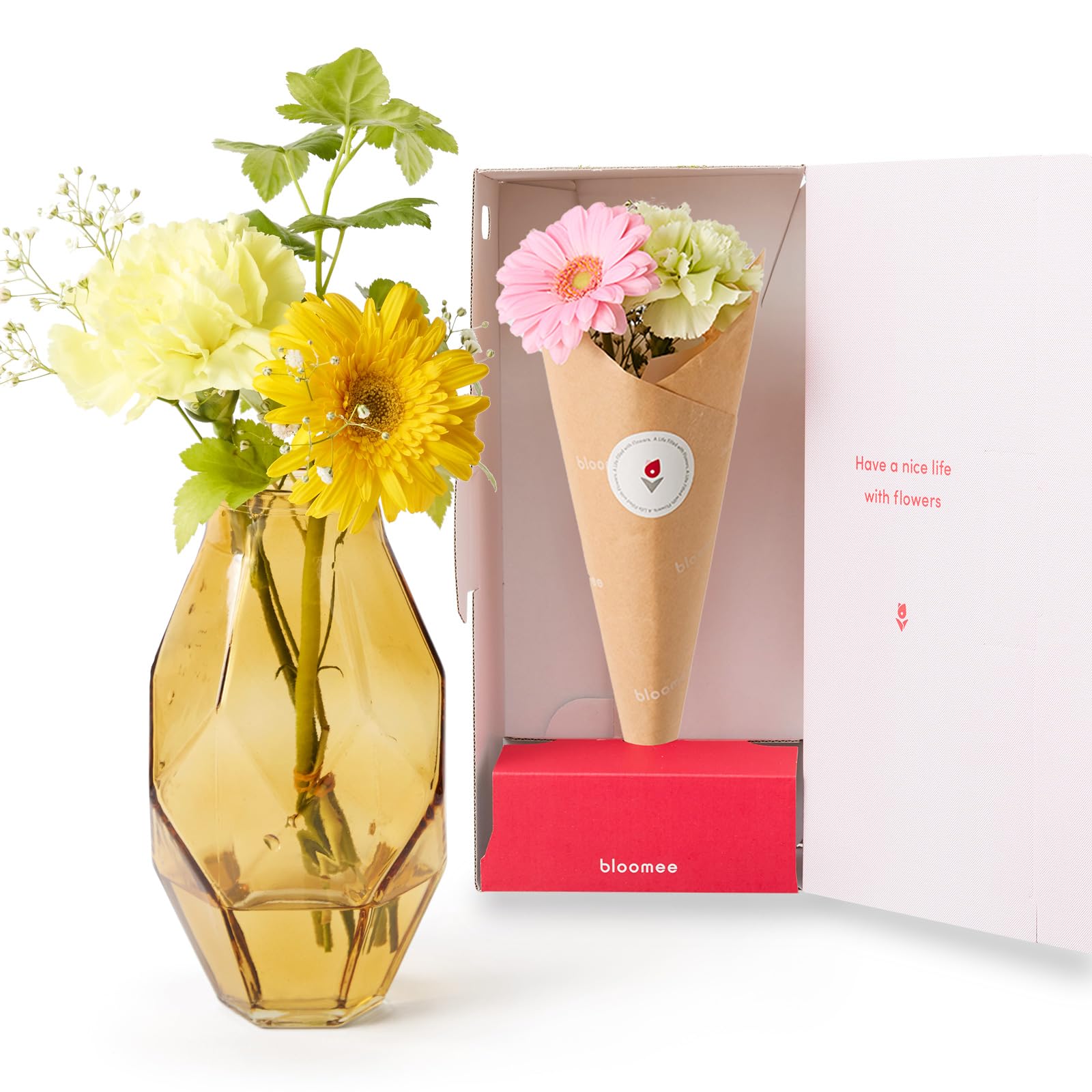 Amazon｜【Happy Birthdayカード付】ブルーミー 花束 花瓶付き 季節の花 ブーケ ギフト お花4本 bloomee フラワーベース ミニブーケ 生花 人気 おしゃれ 誕生日 ...