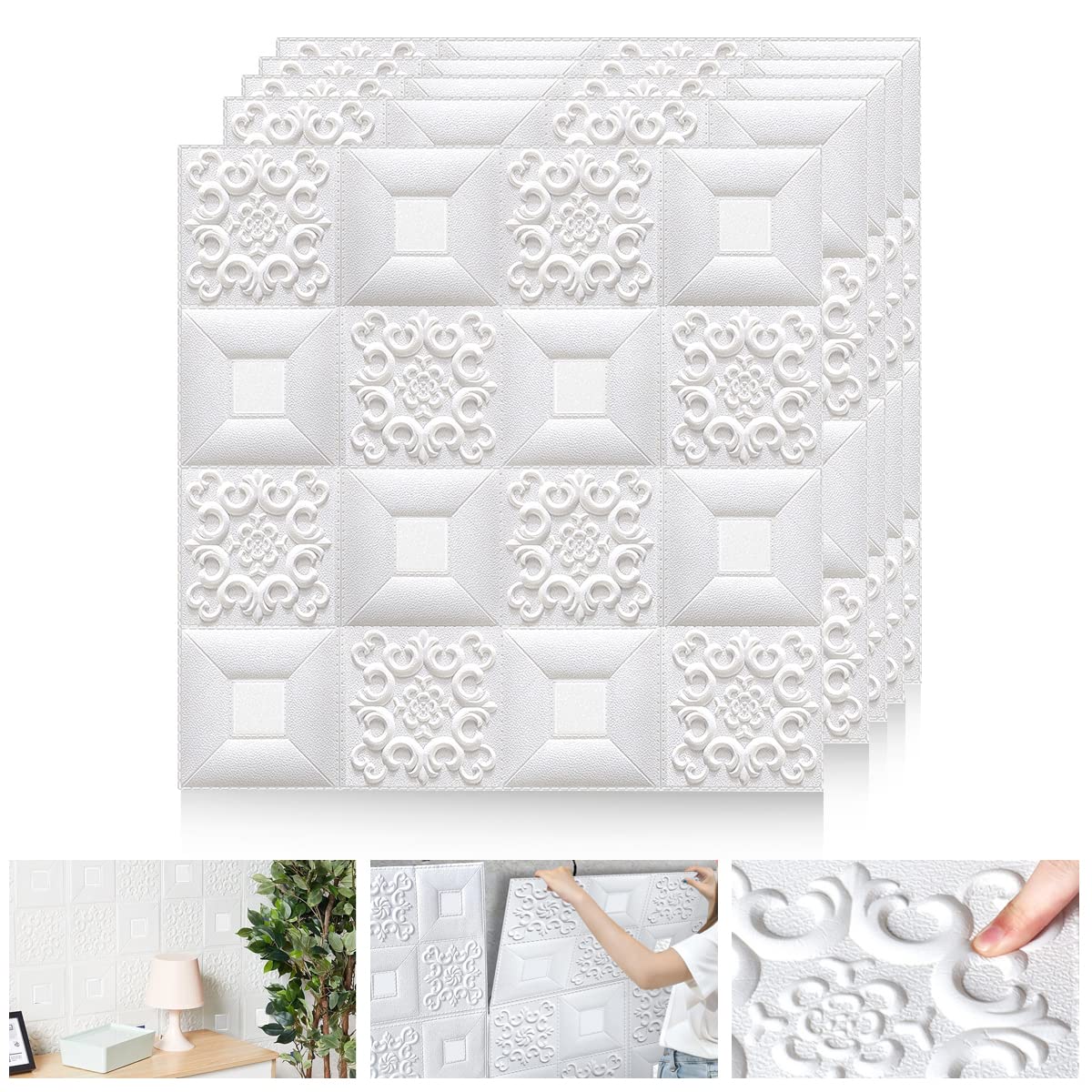 HASTHIP® 5PCS Wall Stickers, 3D White Brick Wallpaper for Wall PE Foam ...