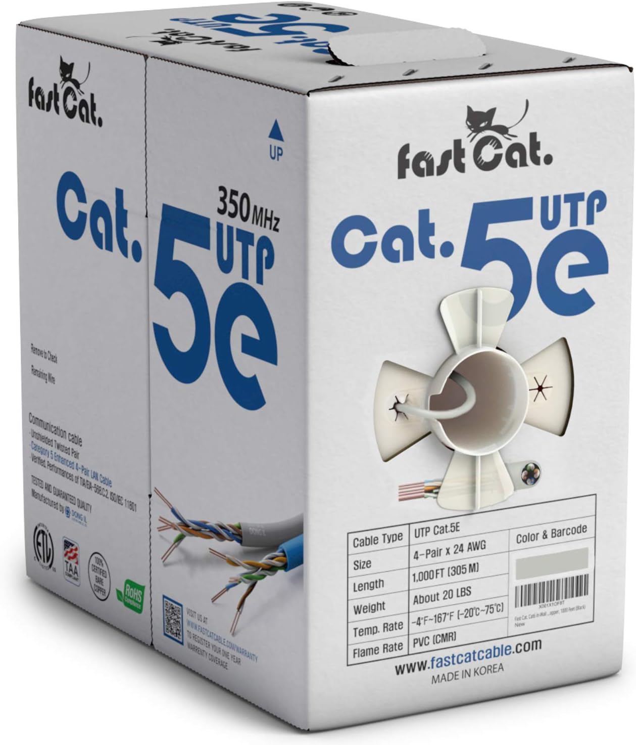fast Cat. Cat5e Ethernet Cable 1000ft - 24 AWG, CMR, Insulated Bare ...