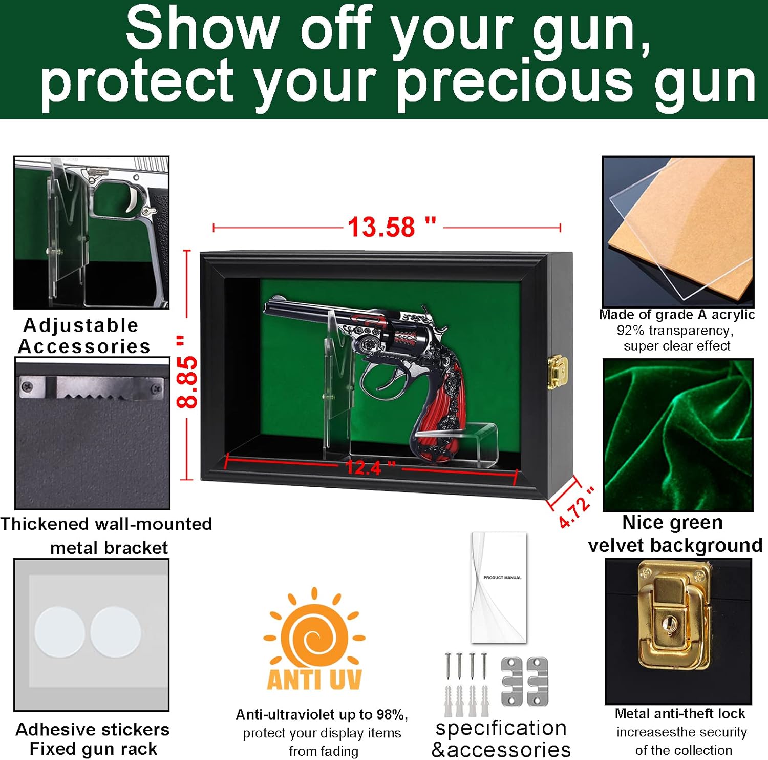 COMSREV 2 Handgun Pistol Revolver Gun Display Case Wall Mount Lockable ...