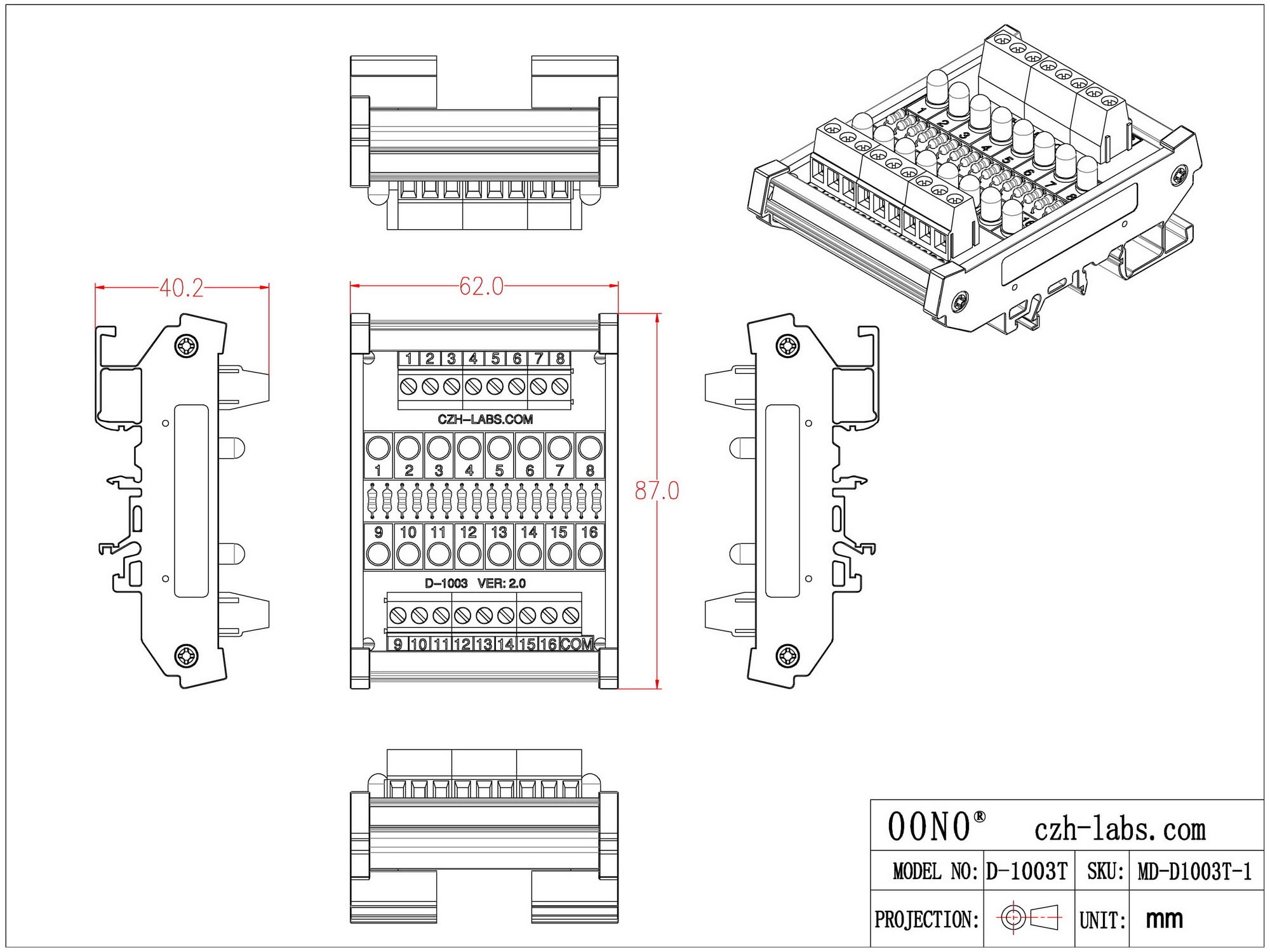 Momentary Switch 16-Channel DIN Rail LED Indicator Module - 5-50VDC ...