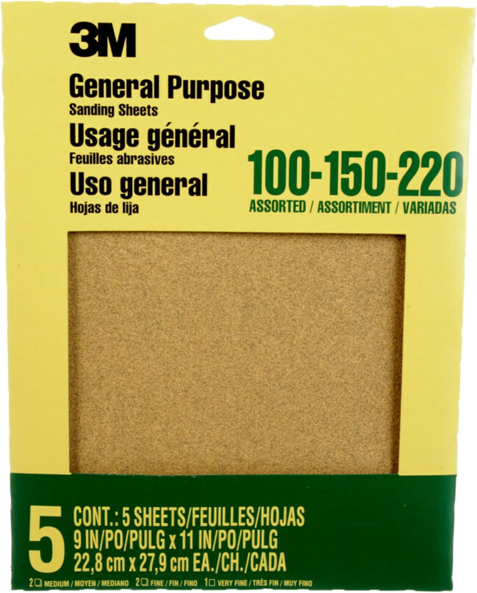 3M Aluminum Oxide Sandpaper, 5 Sheets, Assorted Grit 100-150-220, 9-in ...
