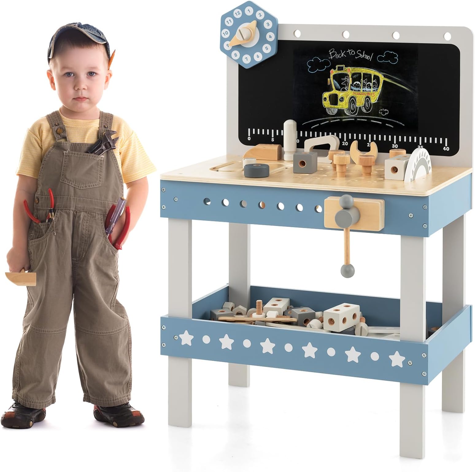 HONEY JOY Kids Tool Bench, Wooden Pretend Workbench w/63 Toy Tools and ...