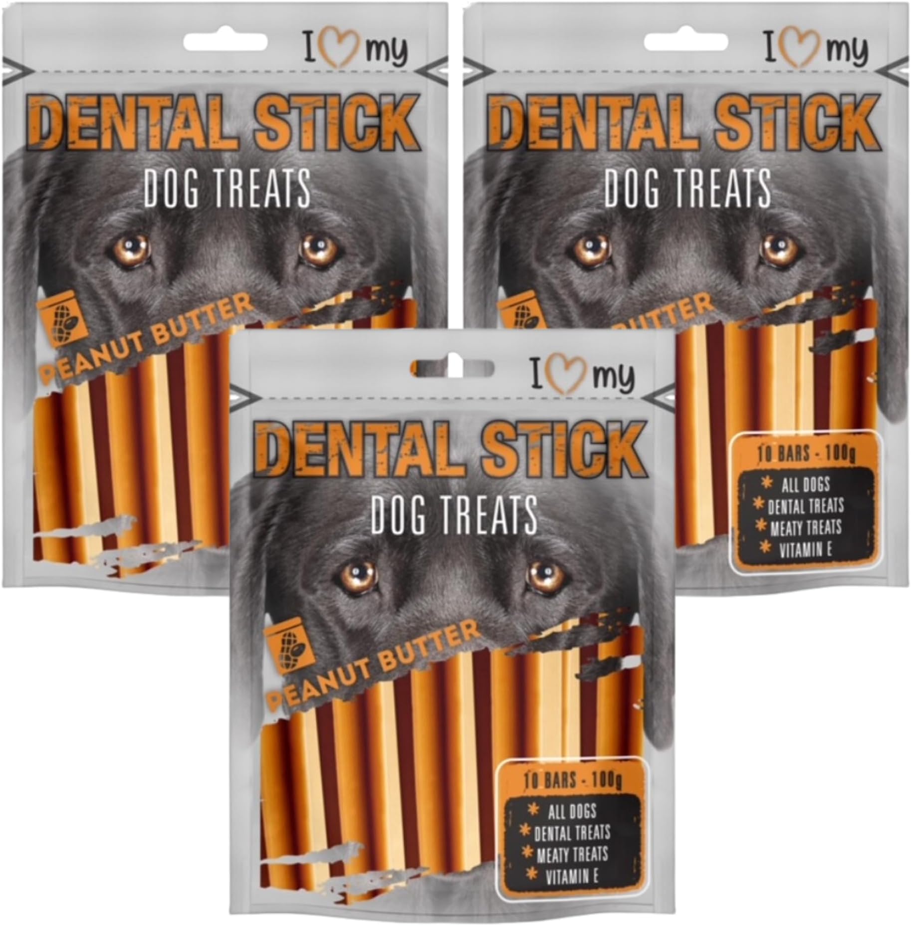 Peanut Butter Dental Chew Stick Dog Treats 3x100g - 30 Chew Bars in ...