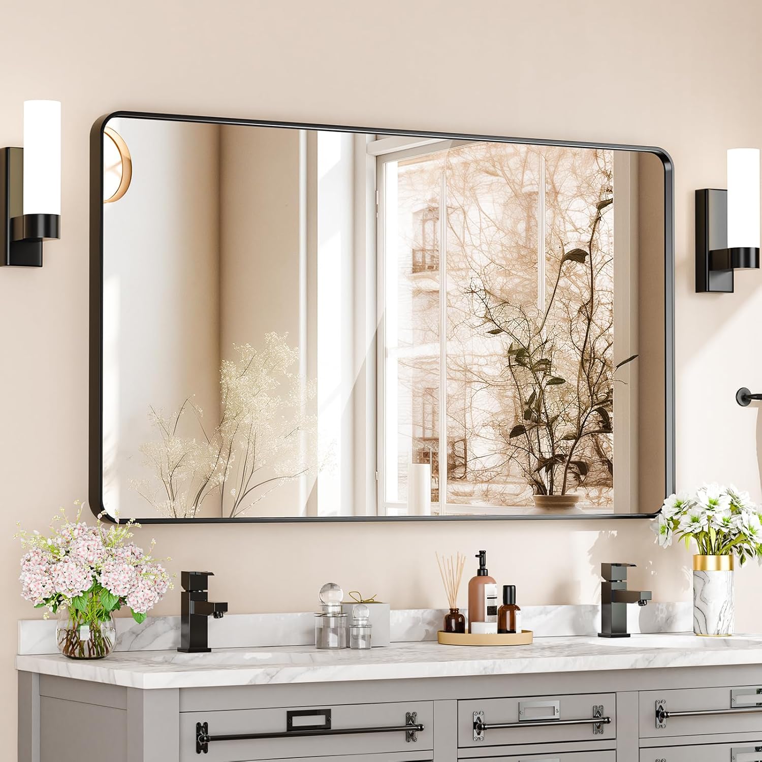 Amazon.com: Bumng Bathroom Mirror 48x32 inch, Black Metal Deep Frame ...