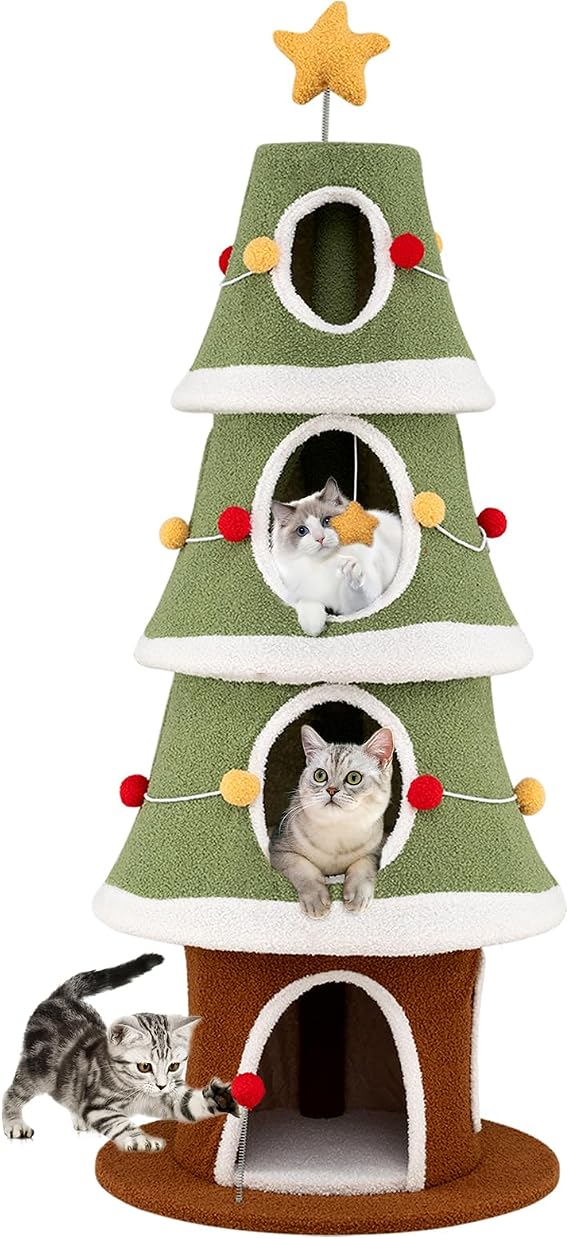 COSTWAY Cat Tree, Christmas Tree Shape Cats Tower with Condos ...