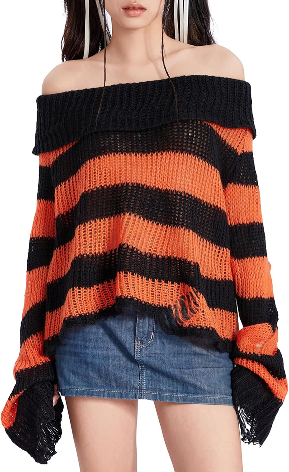 Goth Y2K Distressed Striped Sweater Ripped Punk Gothic Off Shoulder ...