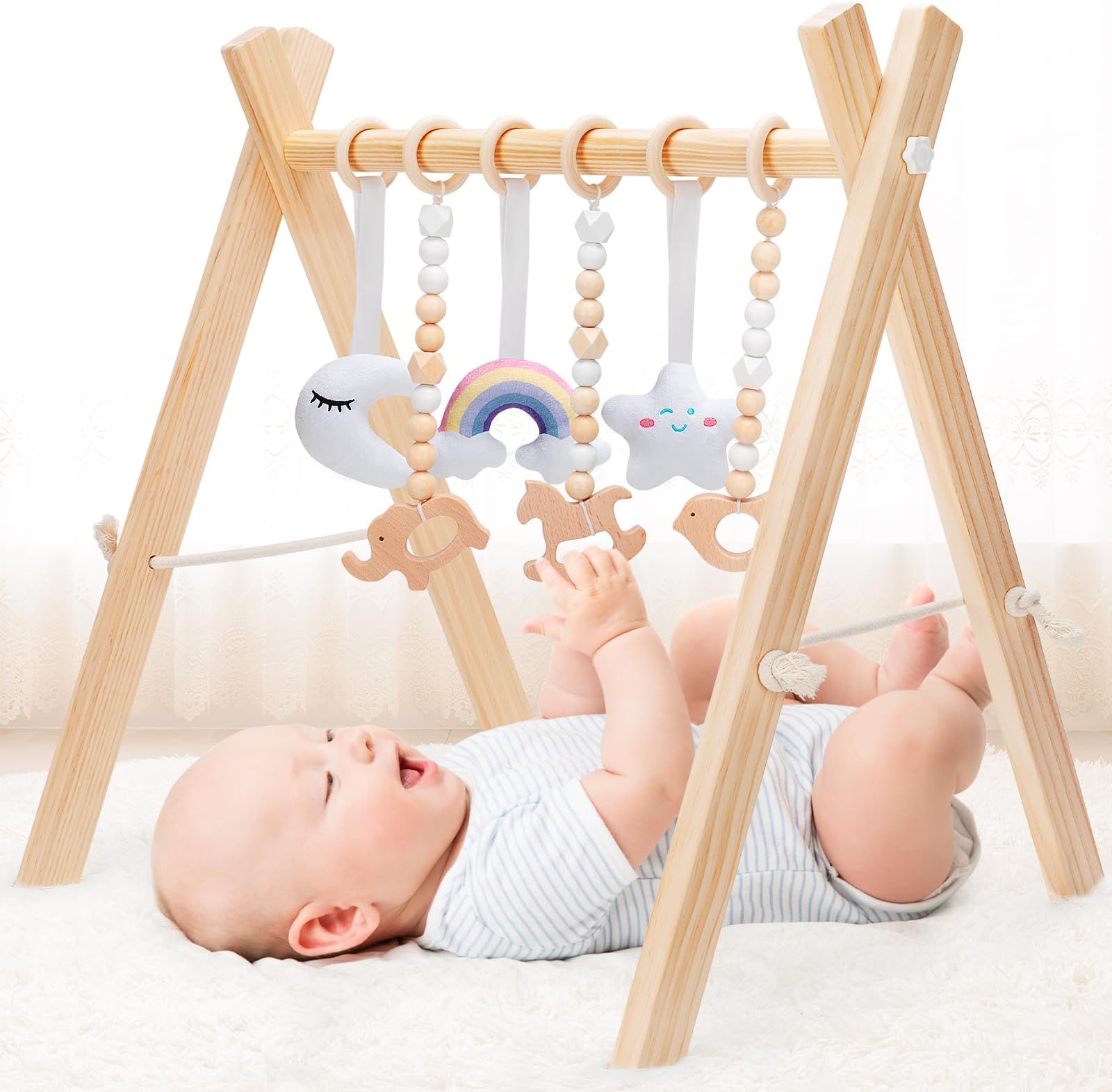 Amazon.com : little dove Baby Play Gym Wooden Baby Gym with 6 Toys ...
