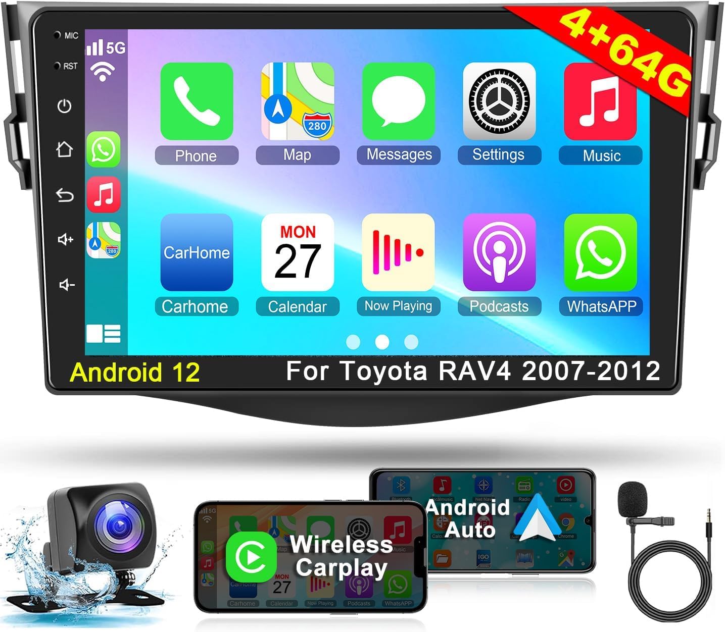 Amazon.com: 4G+64G Car Radio Stereo for Toyota RAV4 2007-2012, Wireless ...