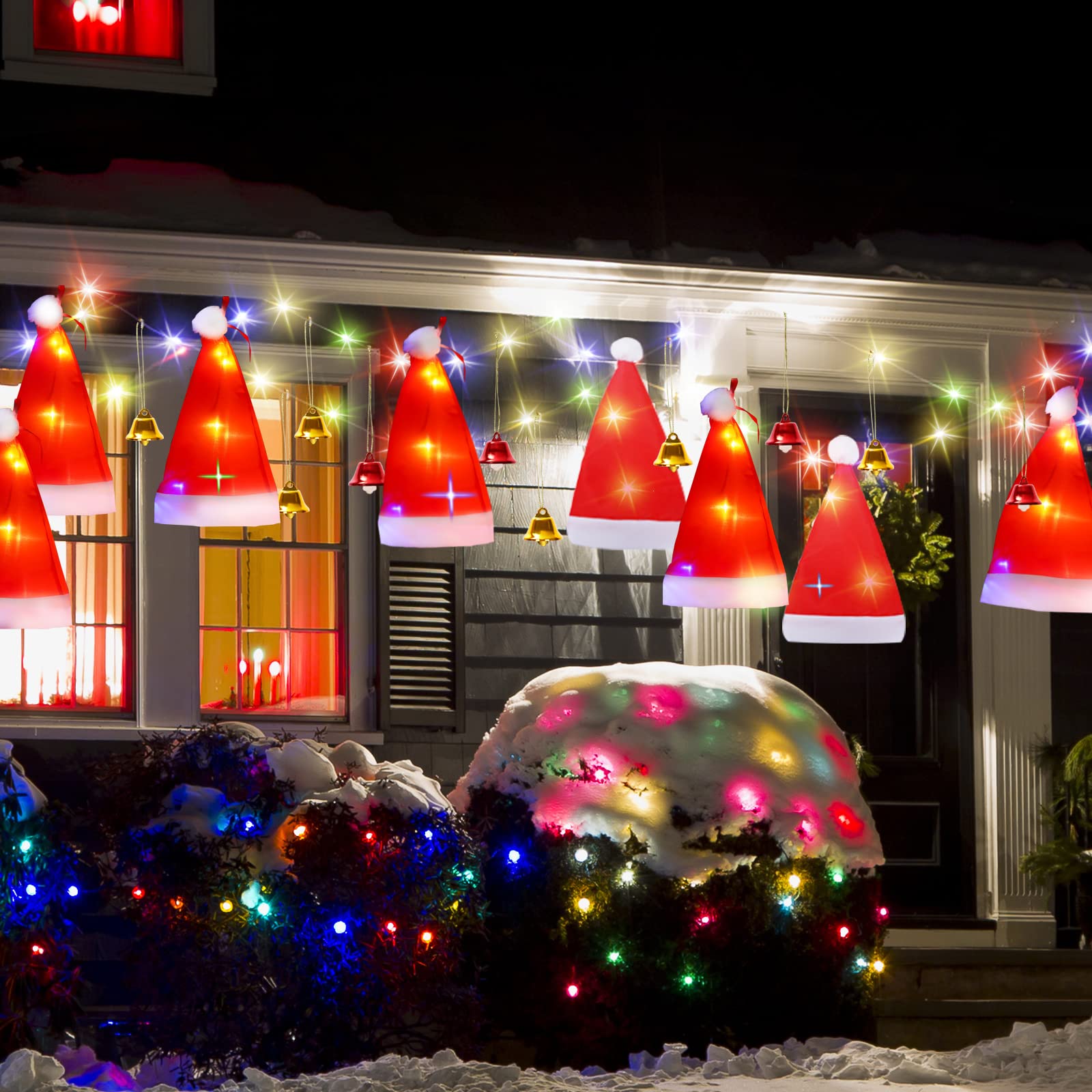 Whaline 12Pcs Christmas Haing Lighted Hats and 18Pcs Small Bells Red ...