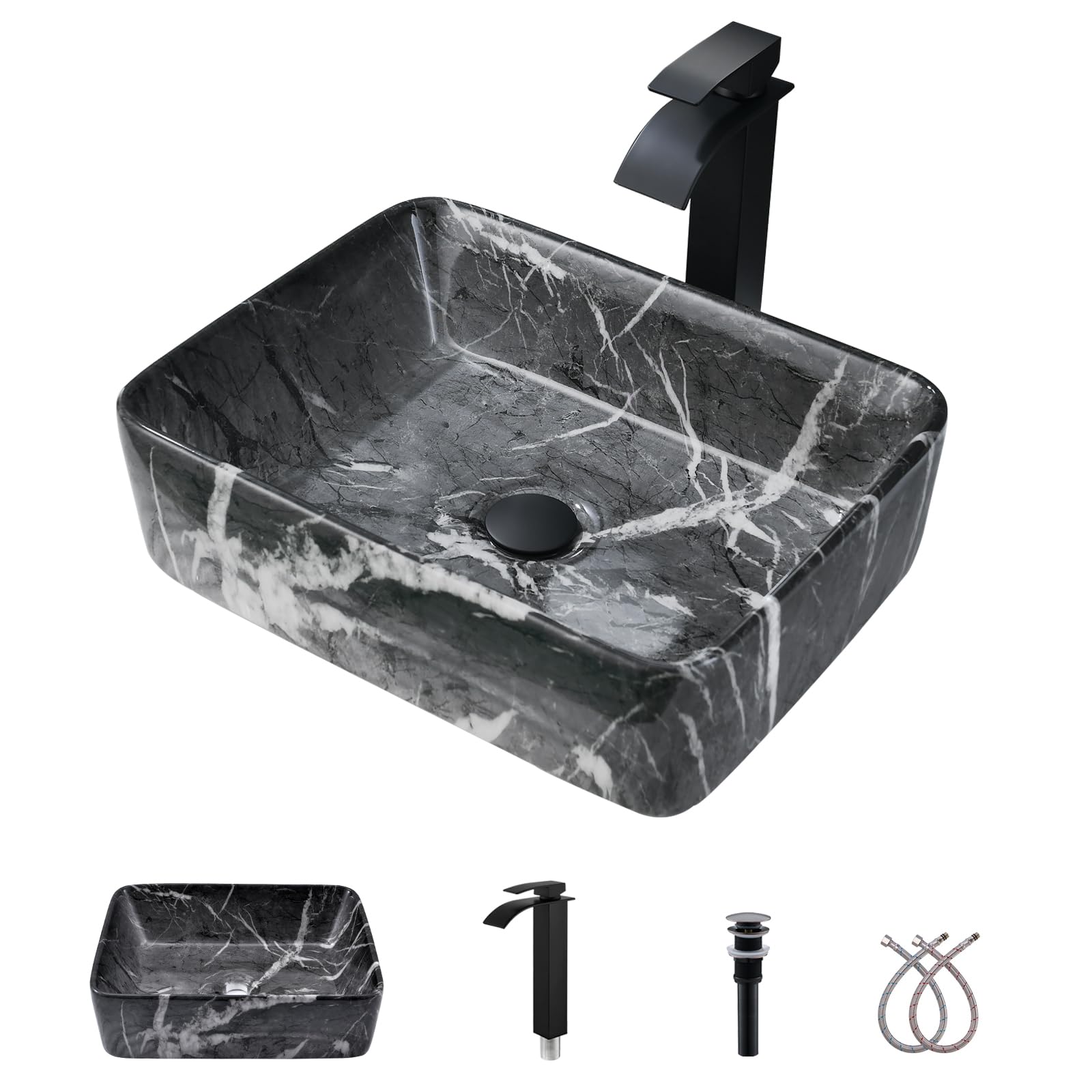 Black Marble Bathroom Vessel Sink with Faucet and Pop Up Drain ...