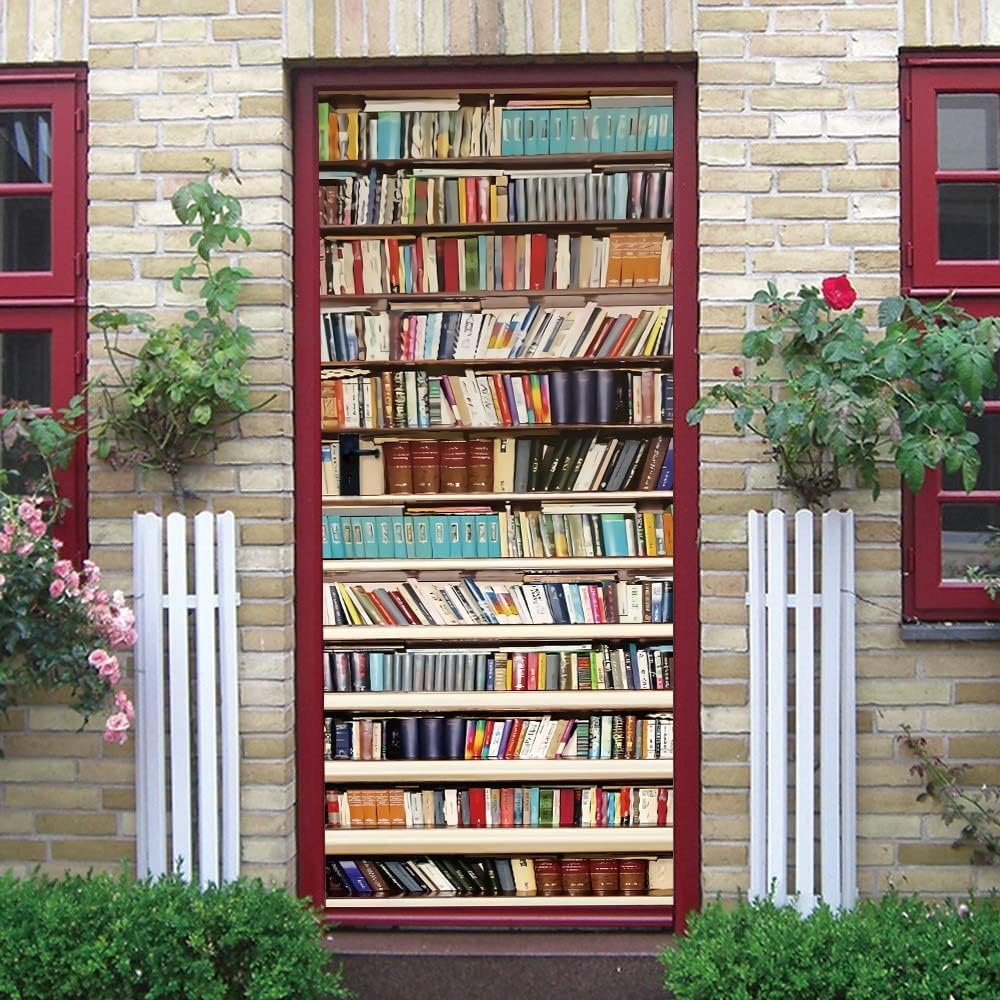 Amazon.com: PLEETS Door Mural Sticker Colorful Bookshelf 3D Door ...