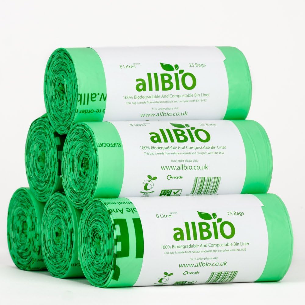 allBIO 8 Litre Extra Thick Compostable Food Waste Kitchen Caddy Liners ...
