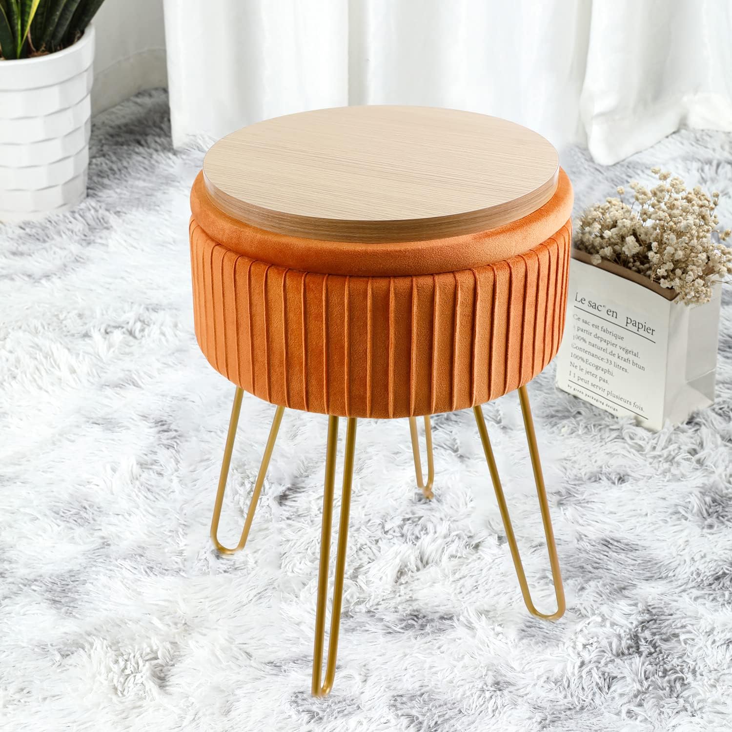 Amazon.com: TOUCH-RICH Stripe Velvet Vanity Chair Round Ottoman ...