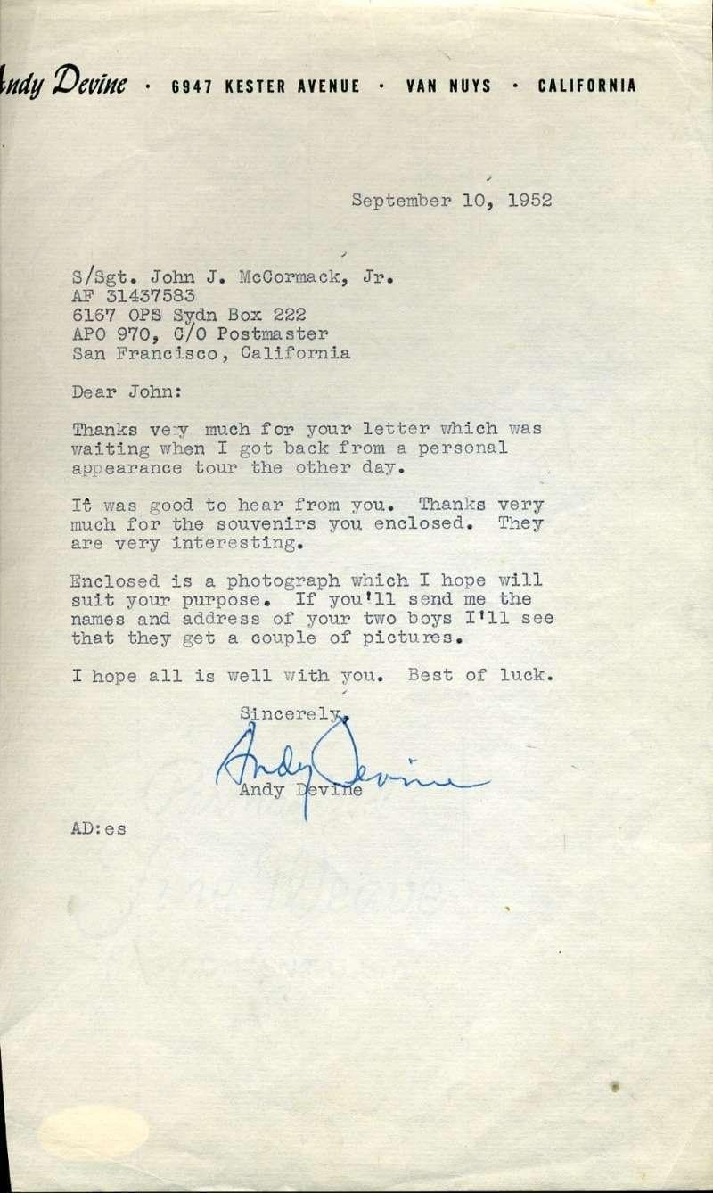 Andy Devine Coa Hand Signed 1952 Letter Authentic Autograph - JSA ...