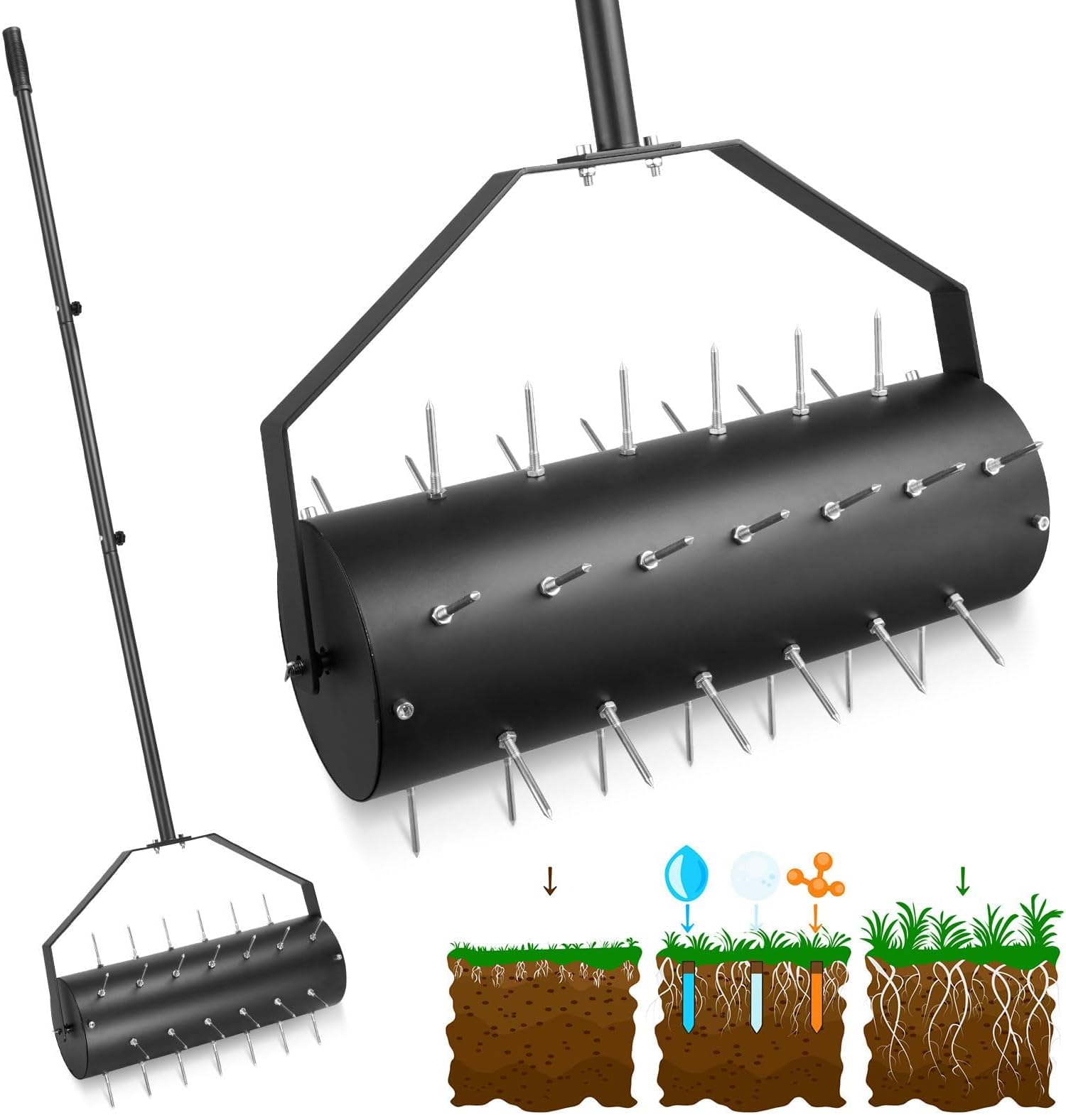 Gardening Lawn Aerator Grass Roller With 3 Level Adjustable Telescopic ...