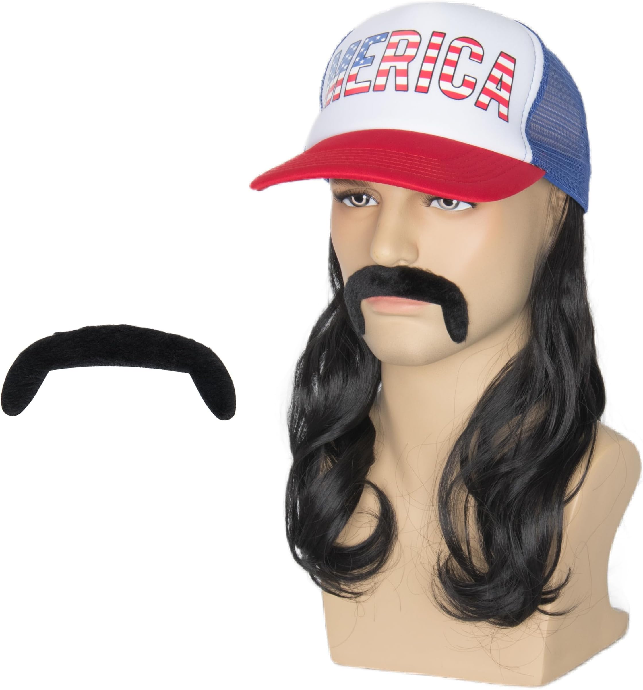 Amazon.com: Yan Dream Black Curly Mullet Hat Wig with Mustache 4th of ...