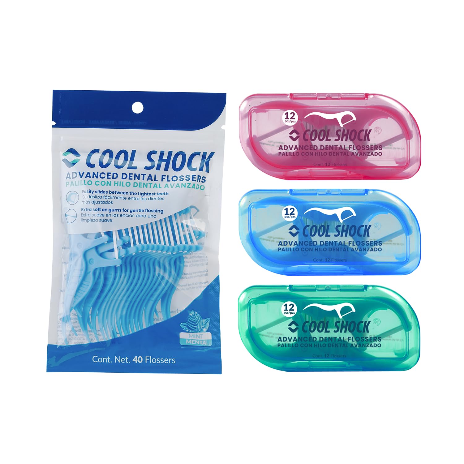 Cool Shock | Combo Flosser con Hilo. 3 Bolsas c/40pz .3 Estuches c/12pz ...